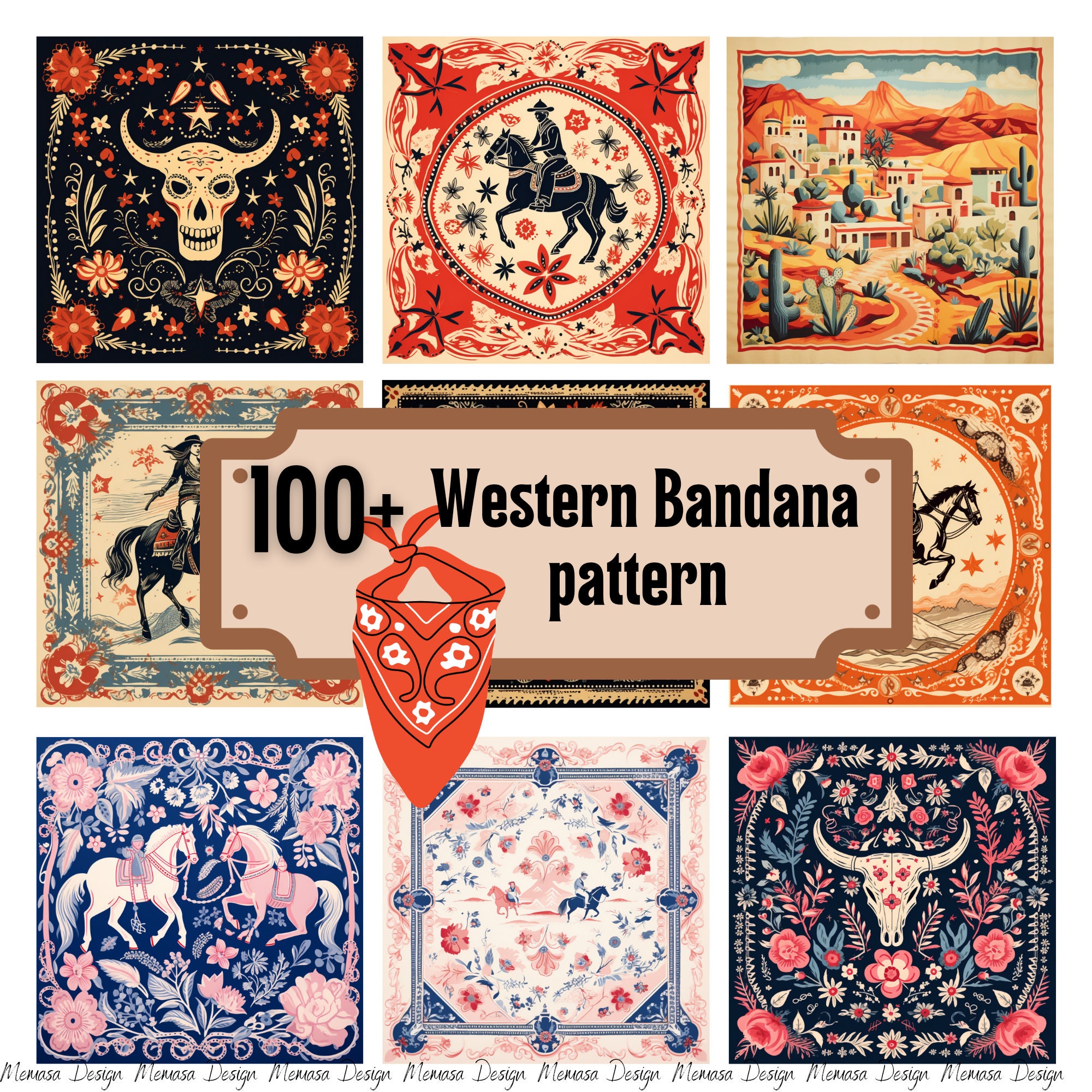 Western Bandana Digital Design, Cowboy Bandana Pattern, Hippie Style ...