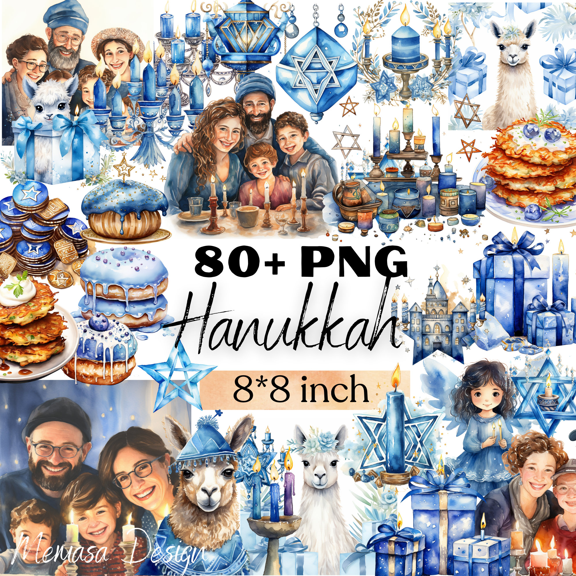 Watercolor Hanukkah Clipart, Menorah, Dreidel, Hanukkah Candles, Star ...