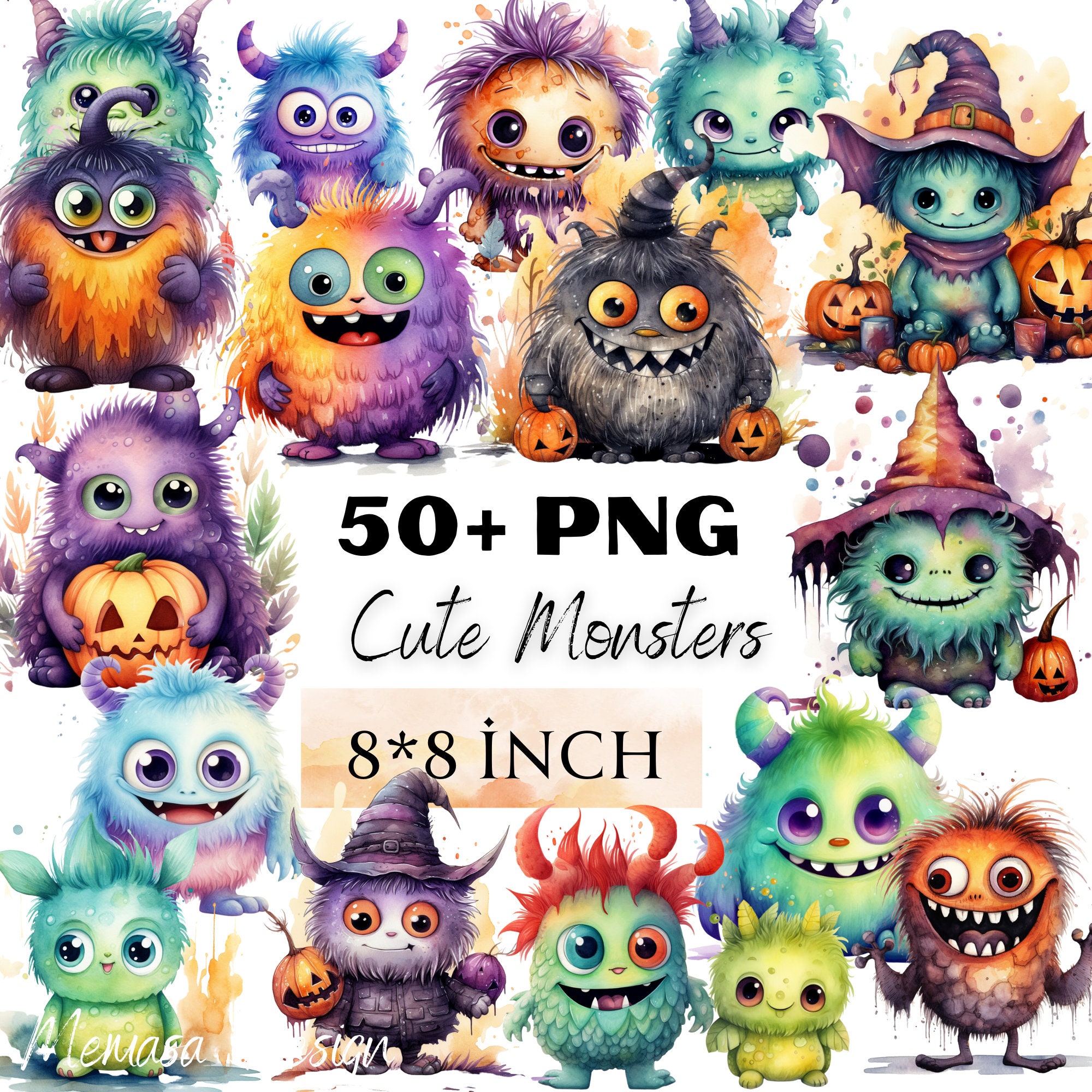 Little Monsters Watercolor Clipart Bundle, Spooky Images, Cute ...