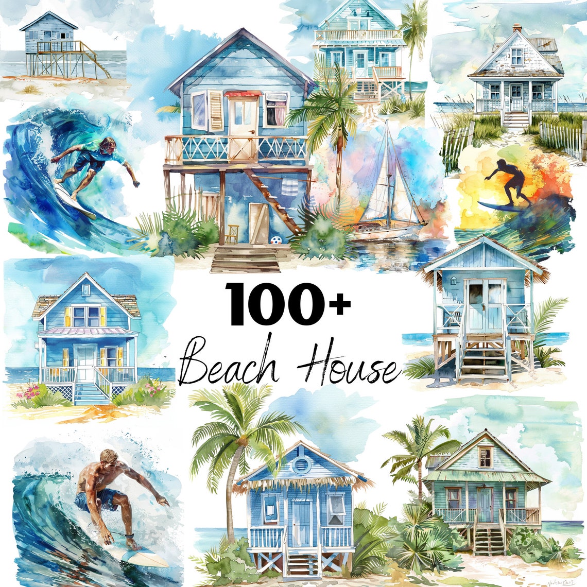 Beach House Watercolor Clipart Bundle - Beach House Images, Beautiful ...