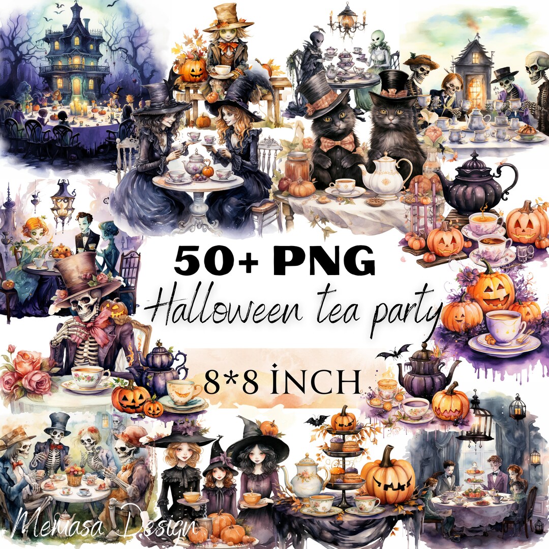 Watercolour Halloween Tea Party Clipart, Pumpkin Tea Time Illustrations ...