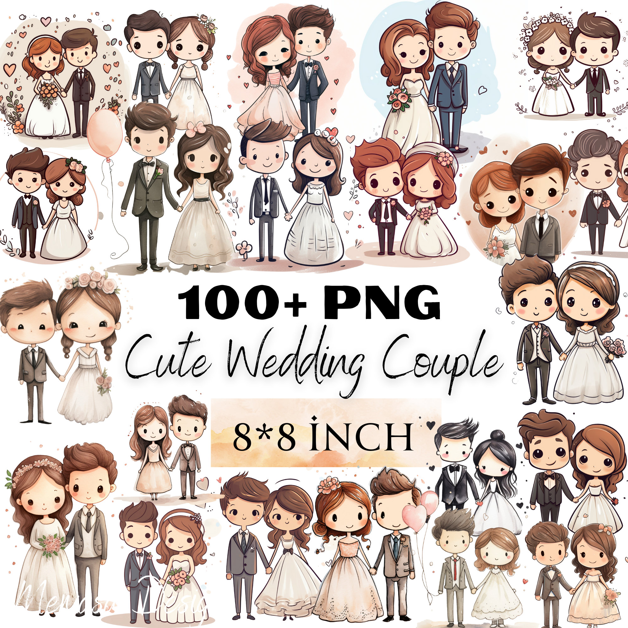 Bride and Groom Cute Wedding Clipart, Cute Wedding Couple, Watercolor ...