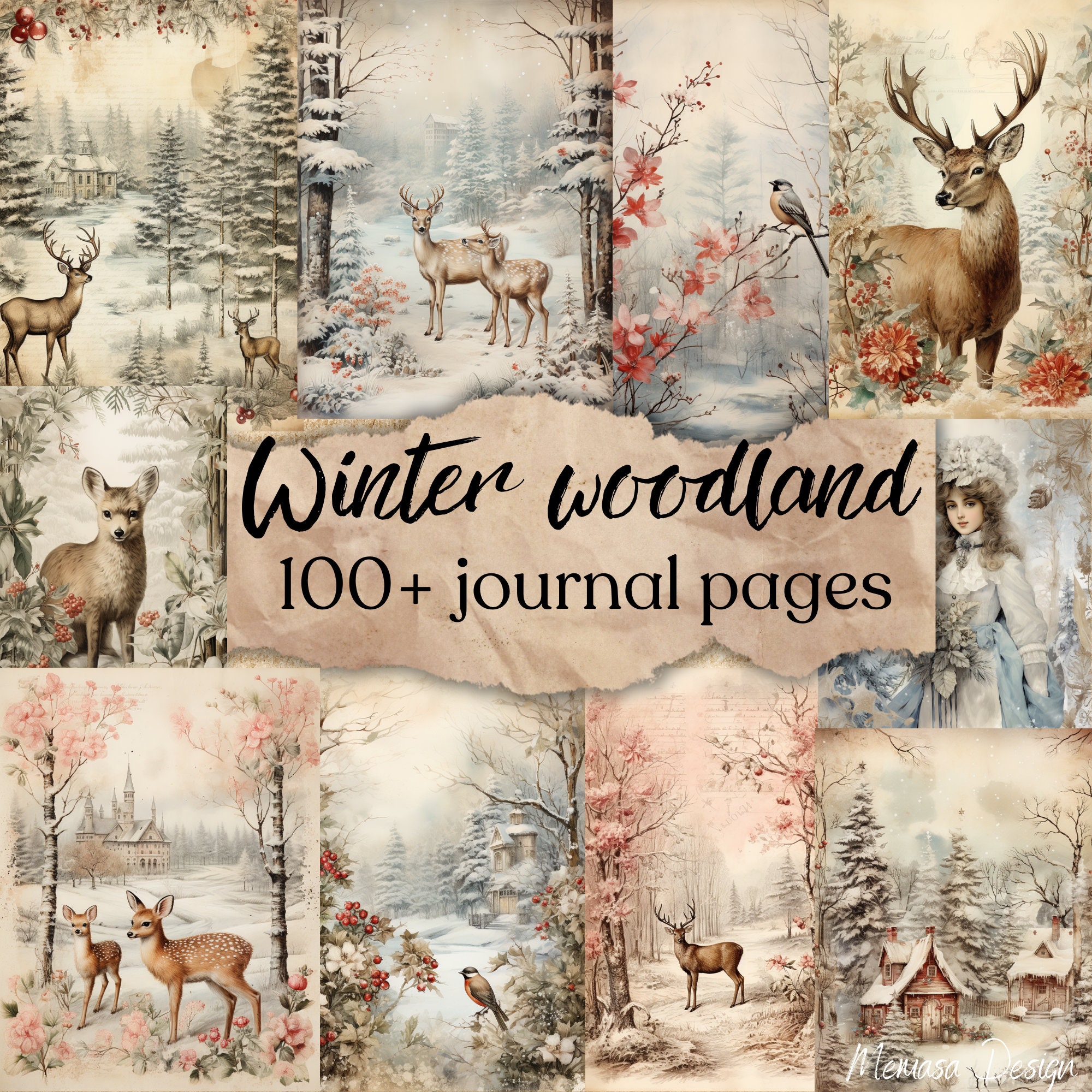 Watercolor Forest Junk Journal Printable Pages, Winter Woodland Animals ...