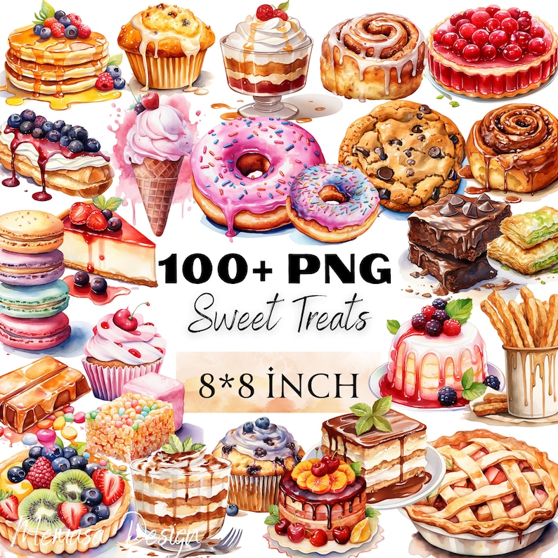 Sweet Treats Watercolor Clipart Bundle Tasty Desserts, Donuts, Cookies ...