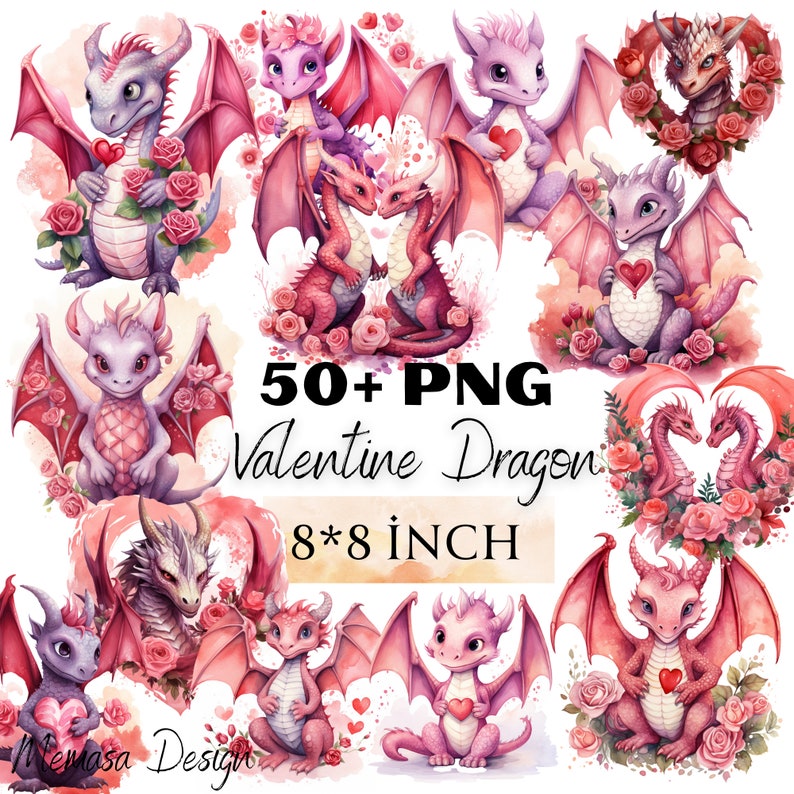 Romantic Dragons Watercolor Clipart Bundle - Romantic Dragon Images ...