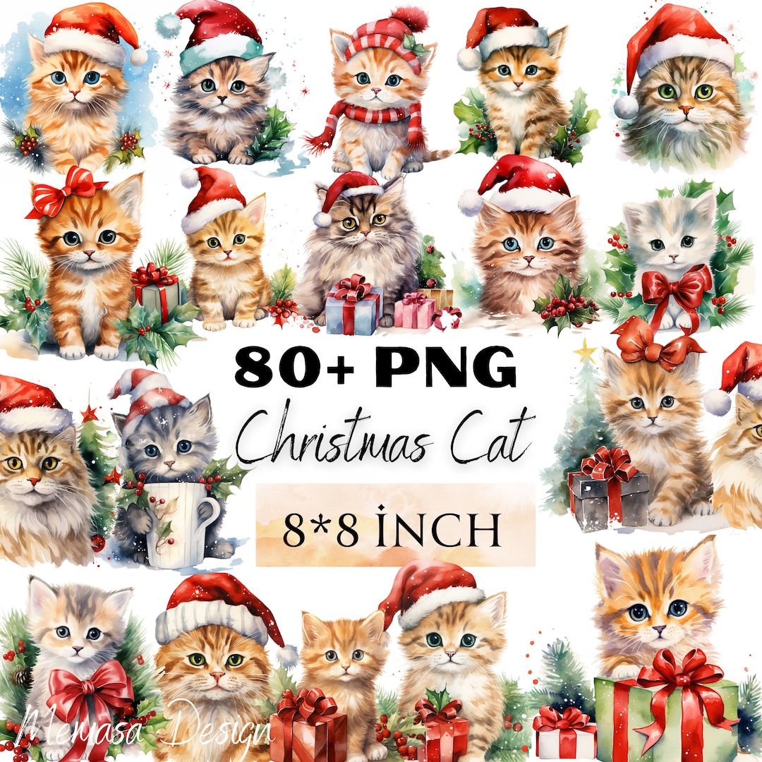 Christmas Cats PNG, Christmas Clipart, Watercolor Christmas Cat Png ...