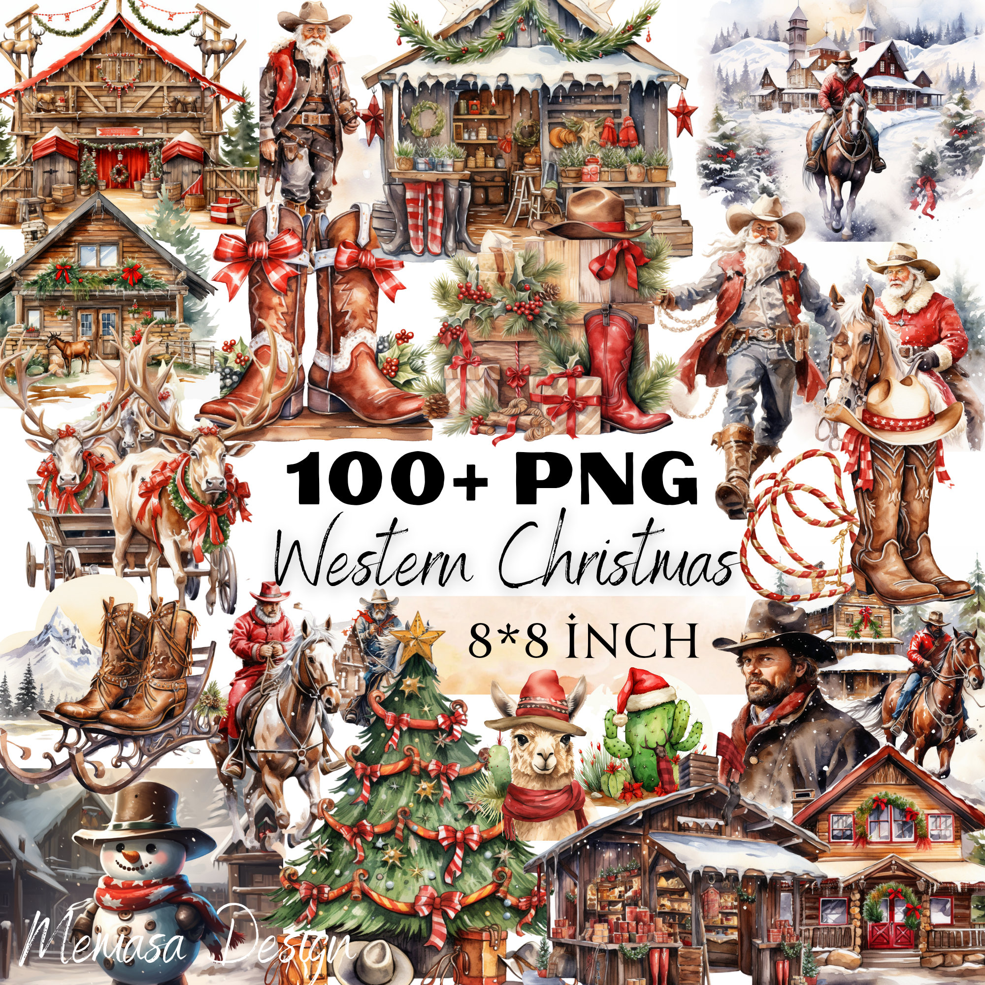 Western Christmas PNG Pack, Watercolor Clip Art,vintage Christmas Png ...