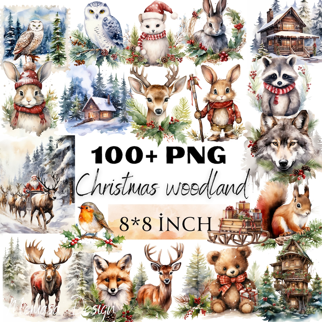 Woodland Christmas Clipart Watercolor Winter Clipart Woodland Animals ...