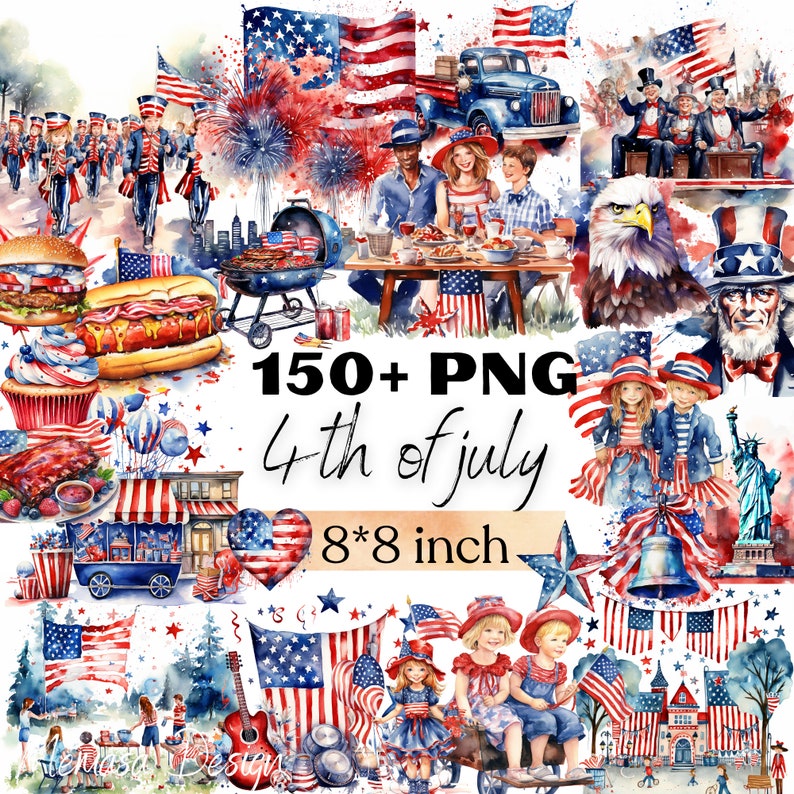 Watercolor 4th of July Clipart Bundle, Independence Day Clip Art ...