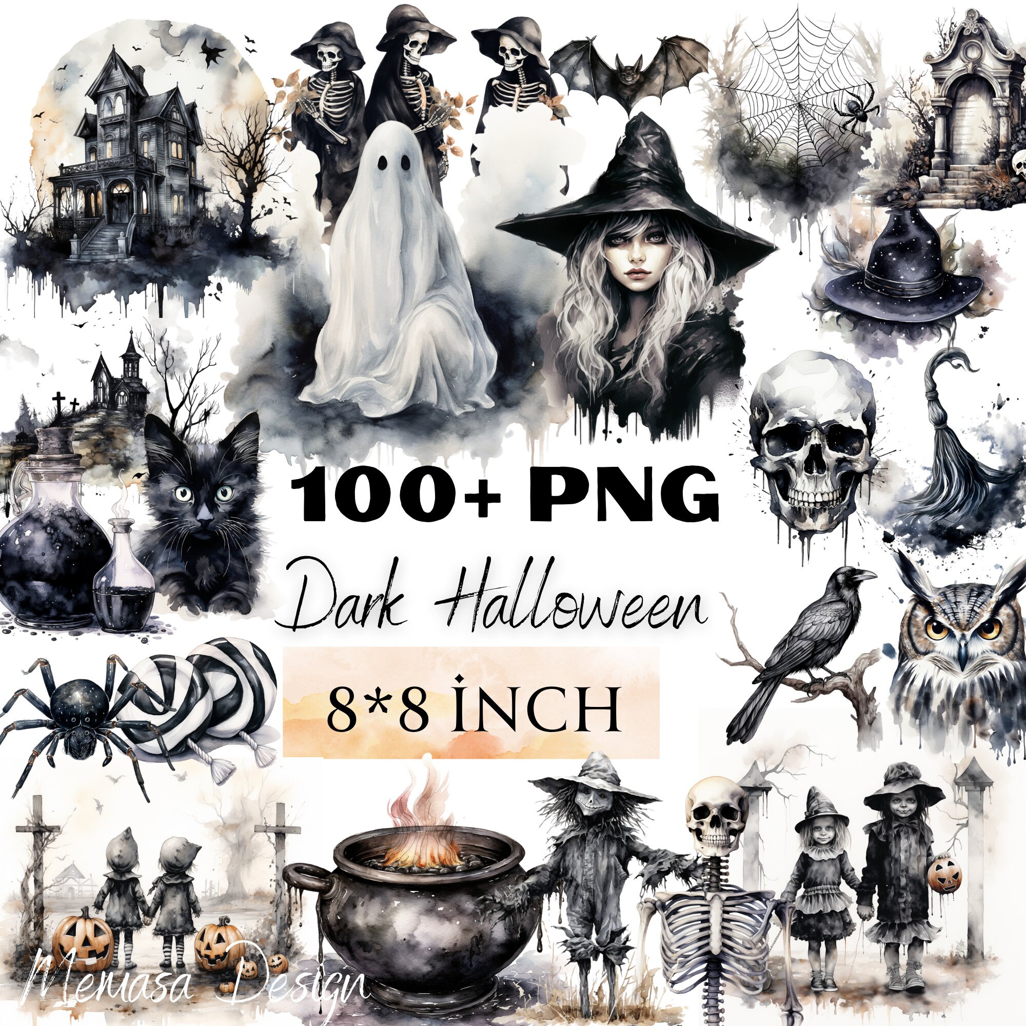 Watercolor Vintage Halloween Clipart, Retro, Vintage, Black and White ...