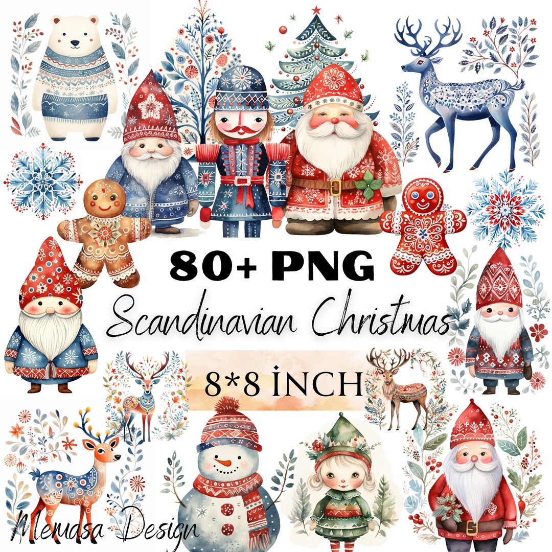 Watercolor Scandinavian Christmas Clipart, Scandinavian Folk Art ...