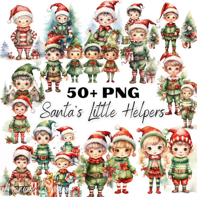 Watercolor Santa's Helpers Christmas Elves Clip Art, Watercolor ...