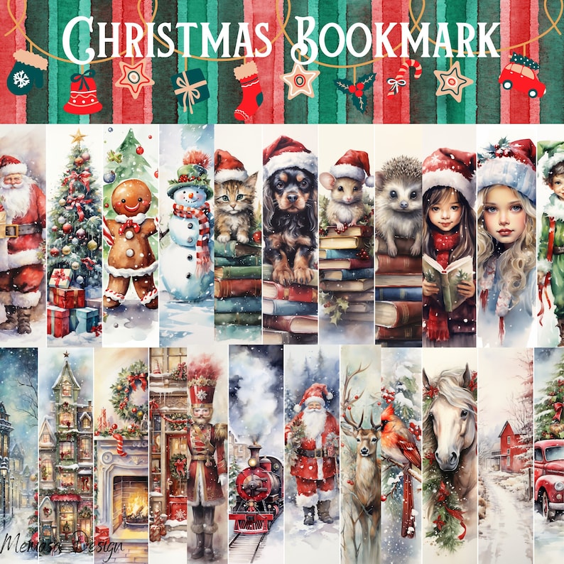 Cute Christmas Printable Bookmarks, Digital Download Christmas Bookmark ...