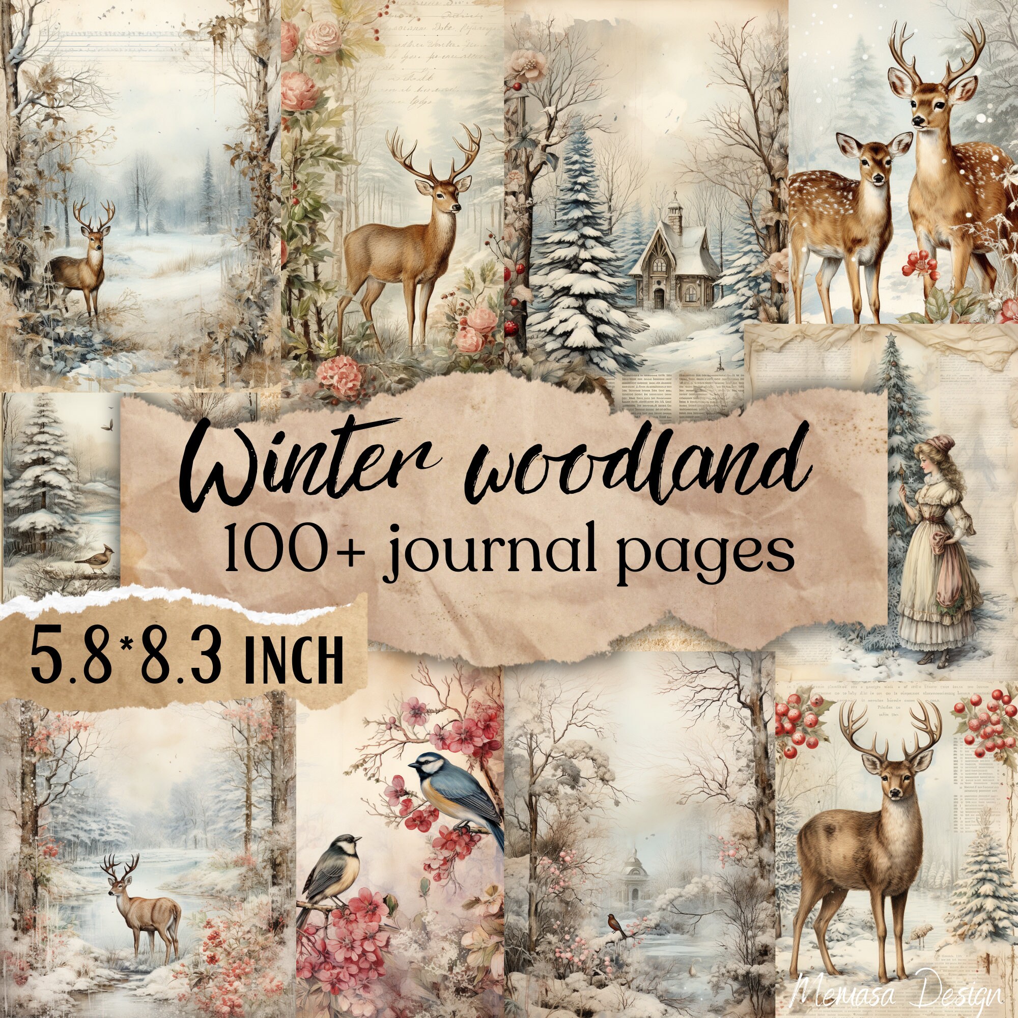 Watercolor Forest Junk Journal Printable Pages, Winter Woodland Animals ...