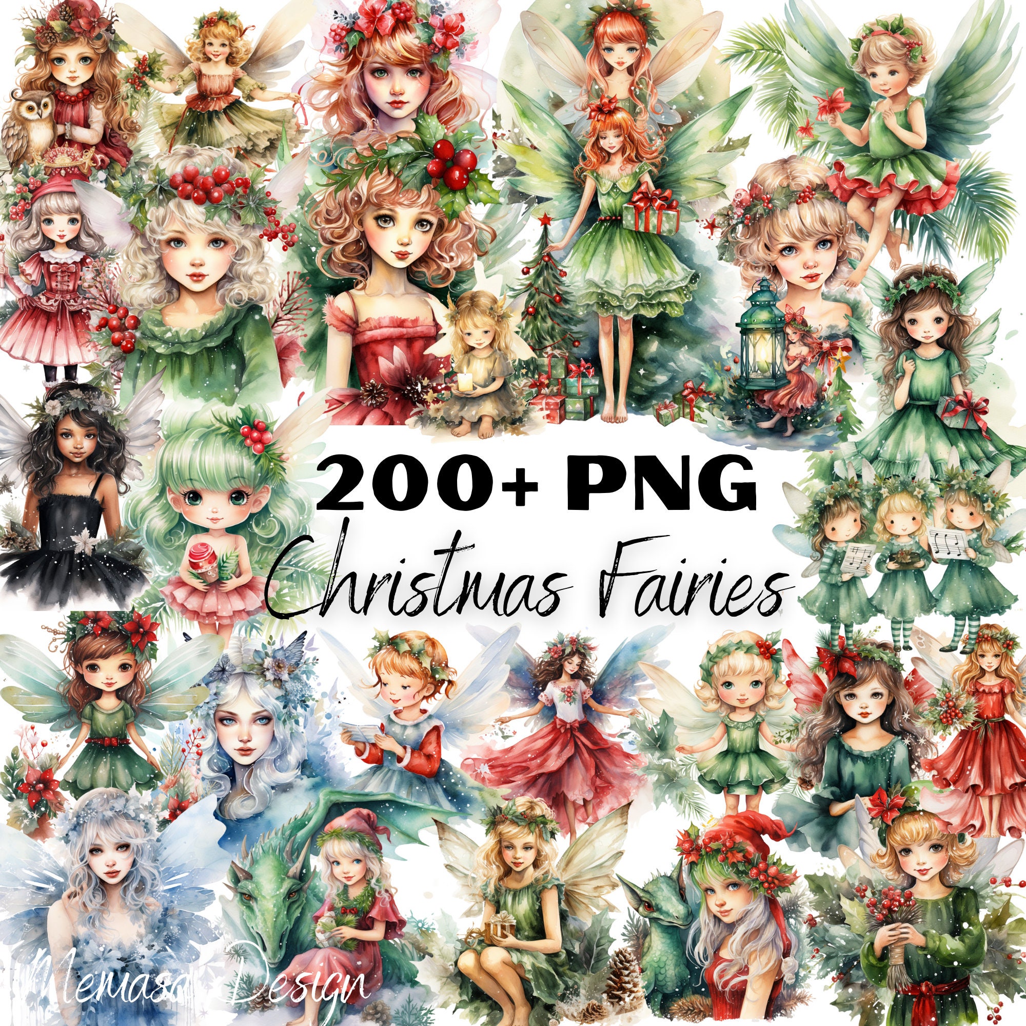 Christmas Fairies Watercolor Clipart Bundle, Festive Fairy Images ...
