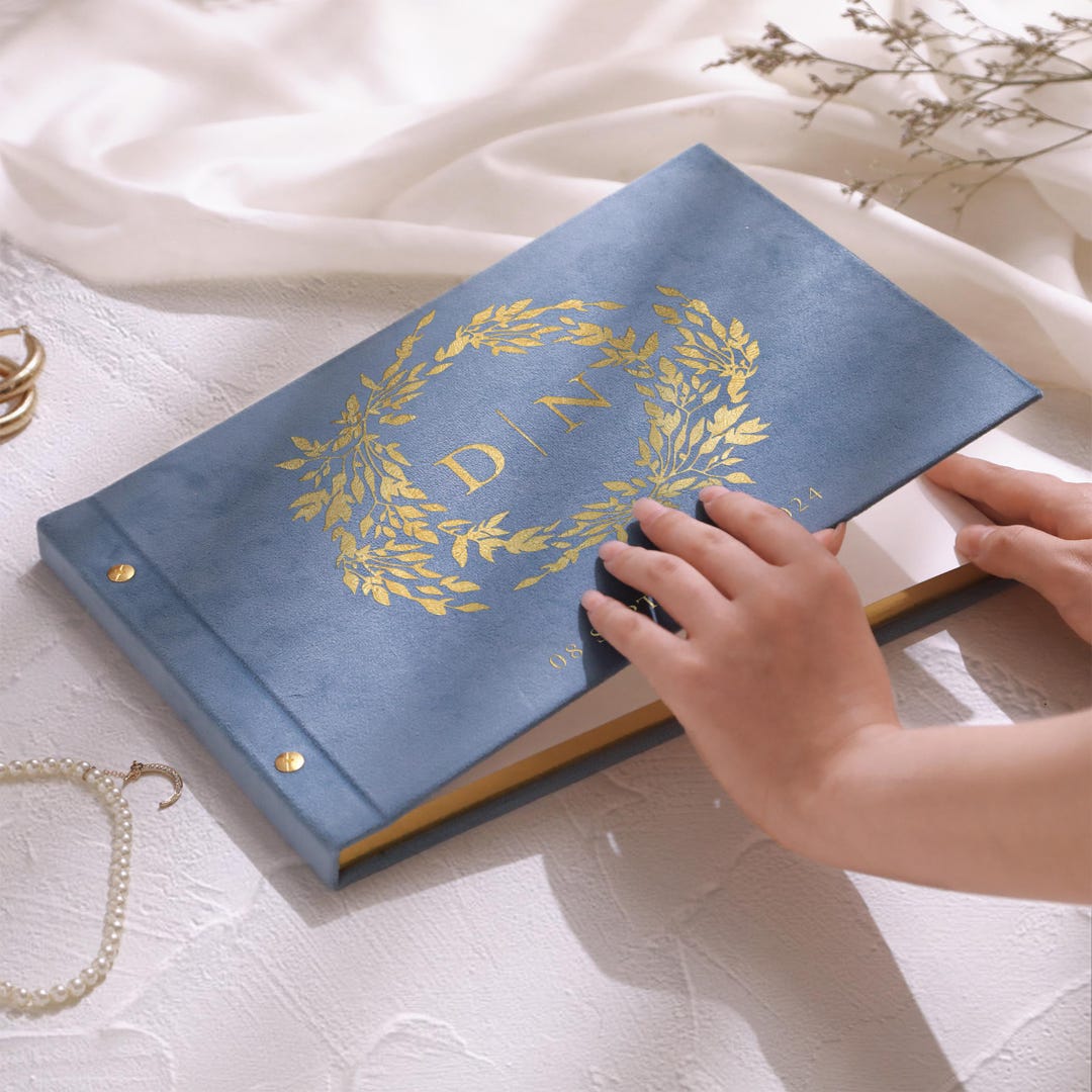 Velvet Wedding Guestbook With Rivet Binding | Custom Gold Foil ...