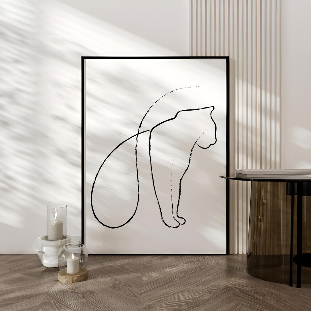Printable Cat Line Fine Art Cat Line Drawing Print Simple White Black ...