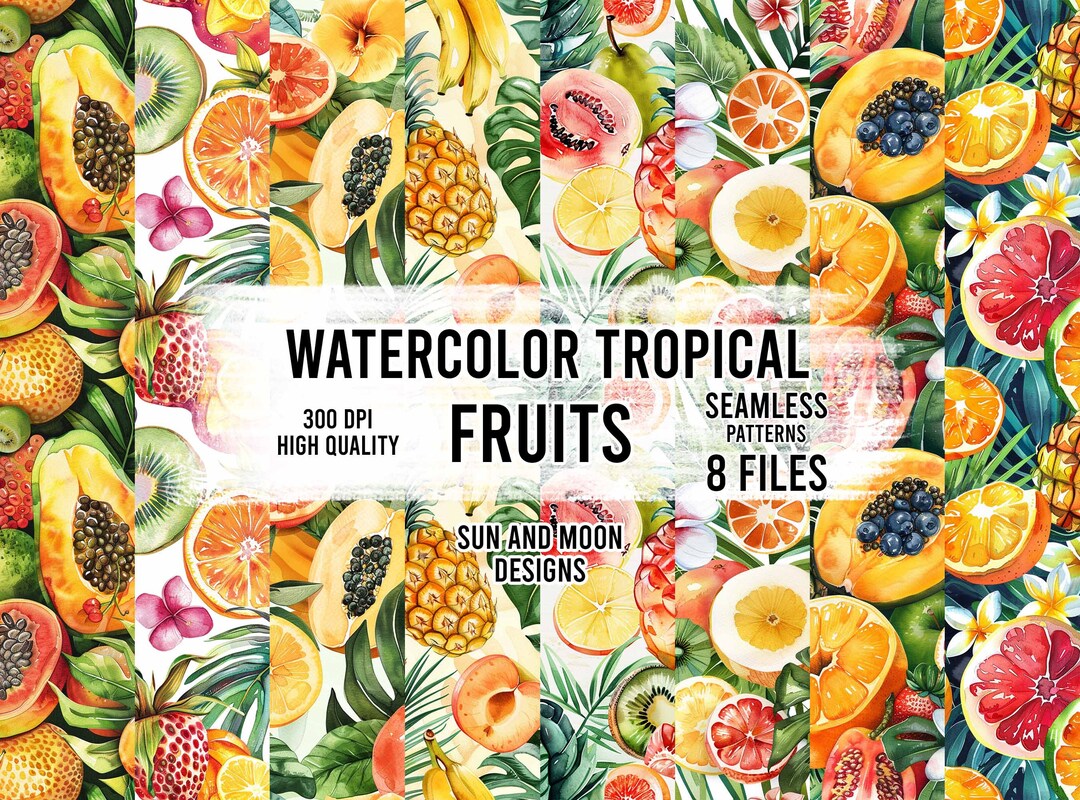 Watercolor Tropical Fruits Digital Paper, Fruits Seamless Pattern ...