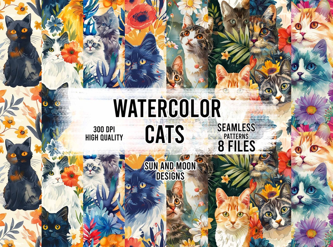 Watercolor Cats Seamless Paper, Cats Digital Paper, Animal Scrapbooking ...