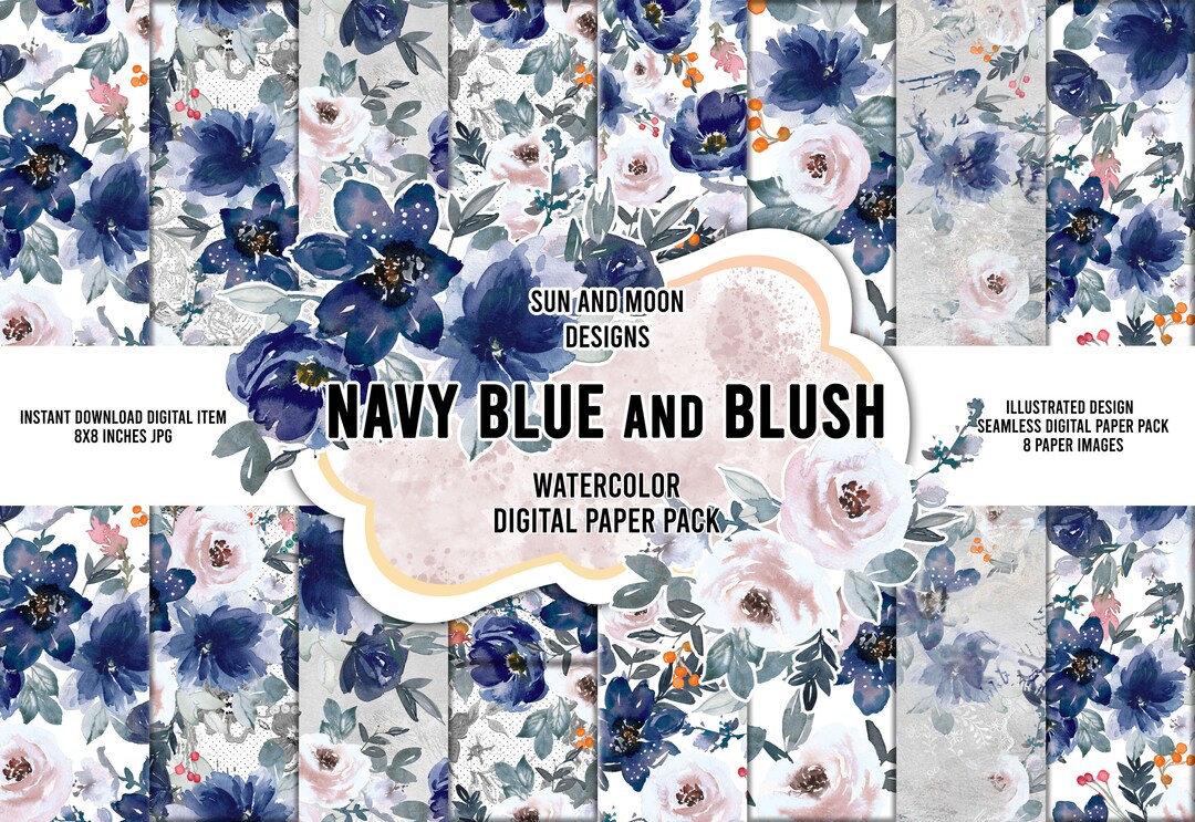 Navy Blue and Blush Flowers Pattern, Flowers Seamless Pattern, Floral ...