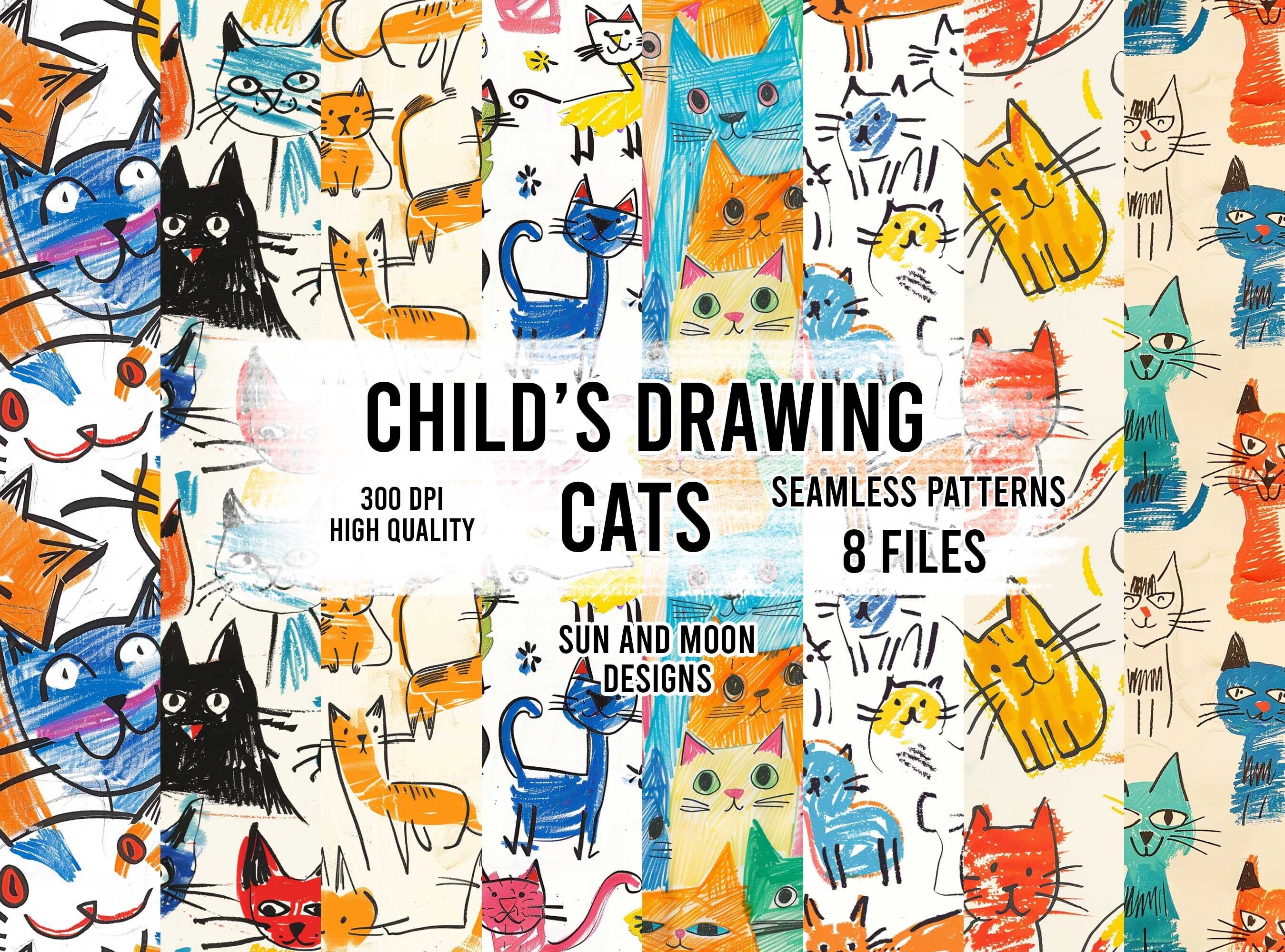 Cats Seamless Pattern, Child's Drawing Cats Digital Paper, Adorable ...
