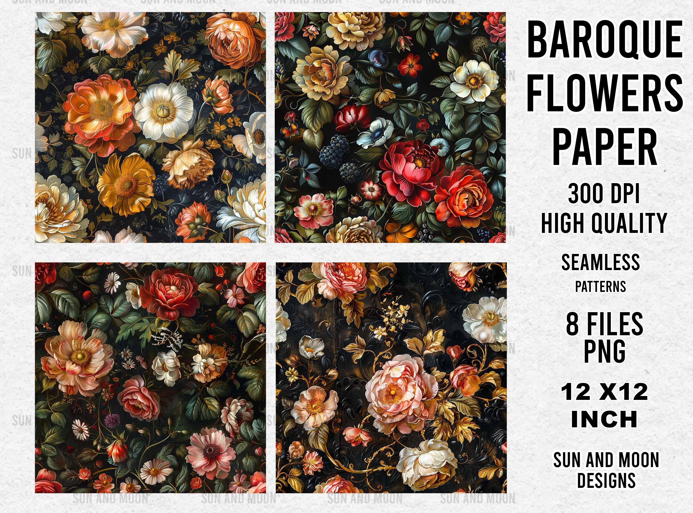 Watercolor Flowers Baroque Digital Paper, Baroque Floral Seamless File ...