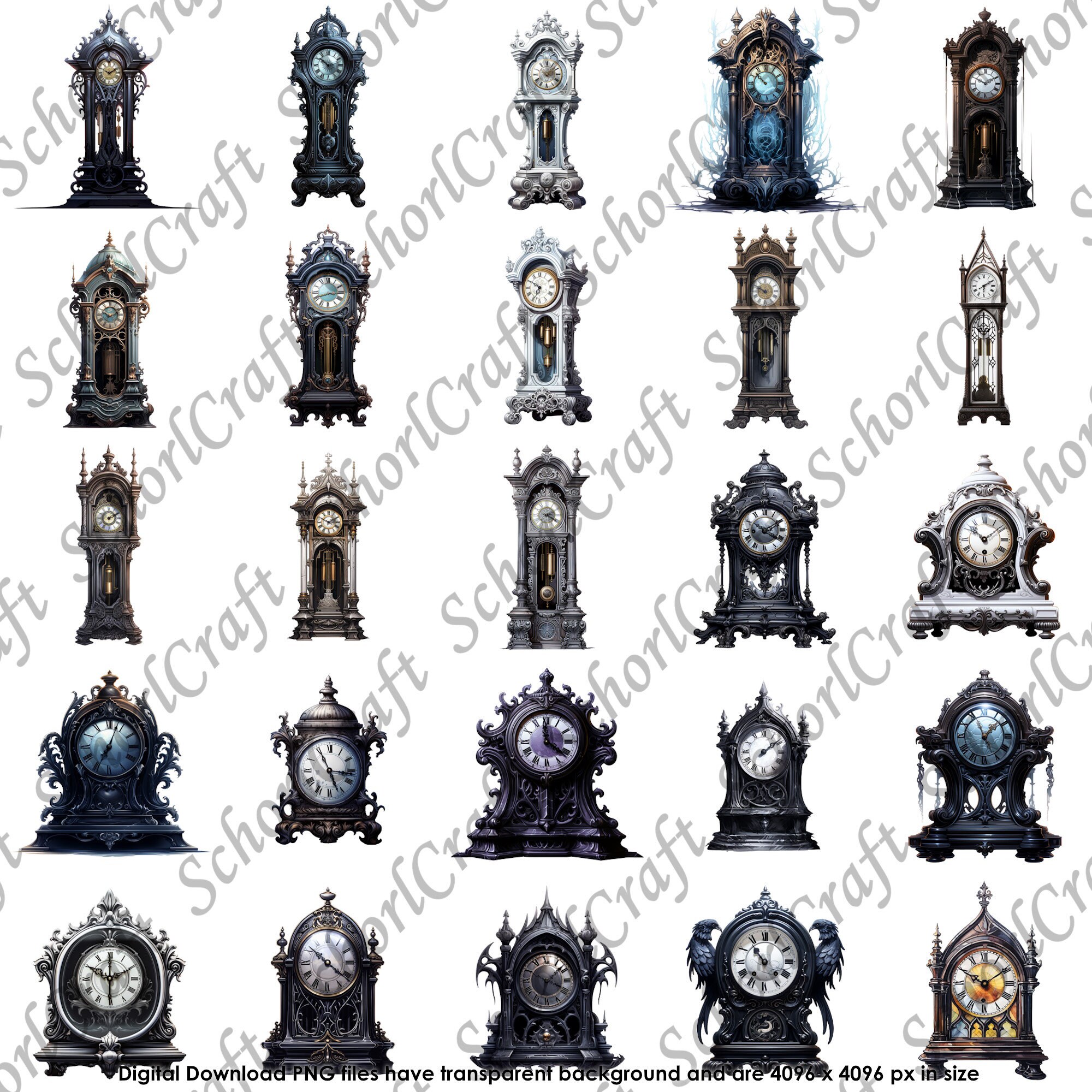 Gothic Clock Mixed Media Digital Clipart Bundle Download Transparent ...
