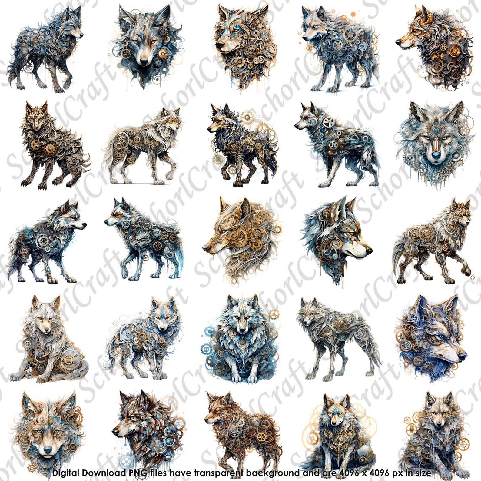 Steampunk Wolf Watercolor Digital Clipart Instant Download Bundle ...