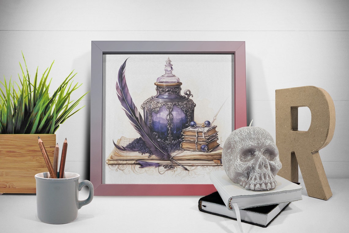 Gothic Ink Pot and Quill Watercolor Digital Clipart Bundle Transparent ...
