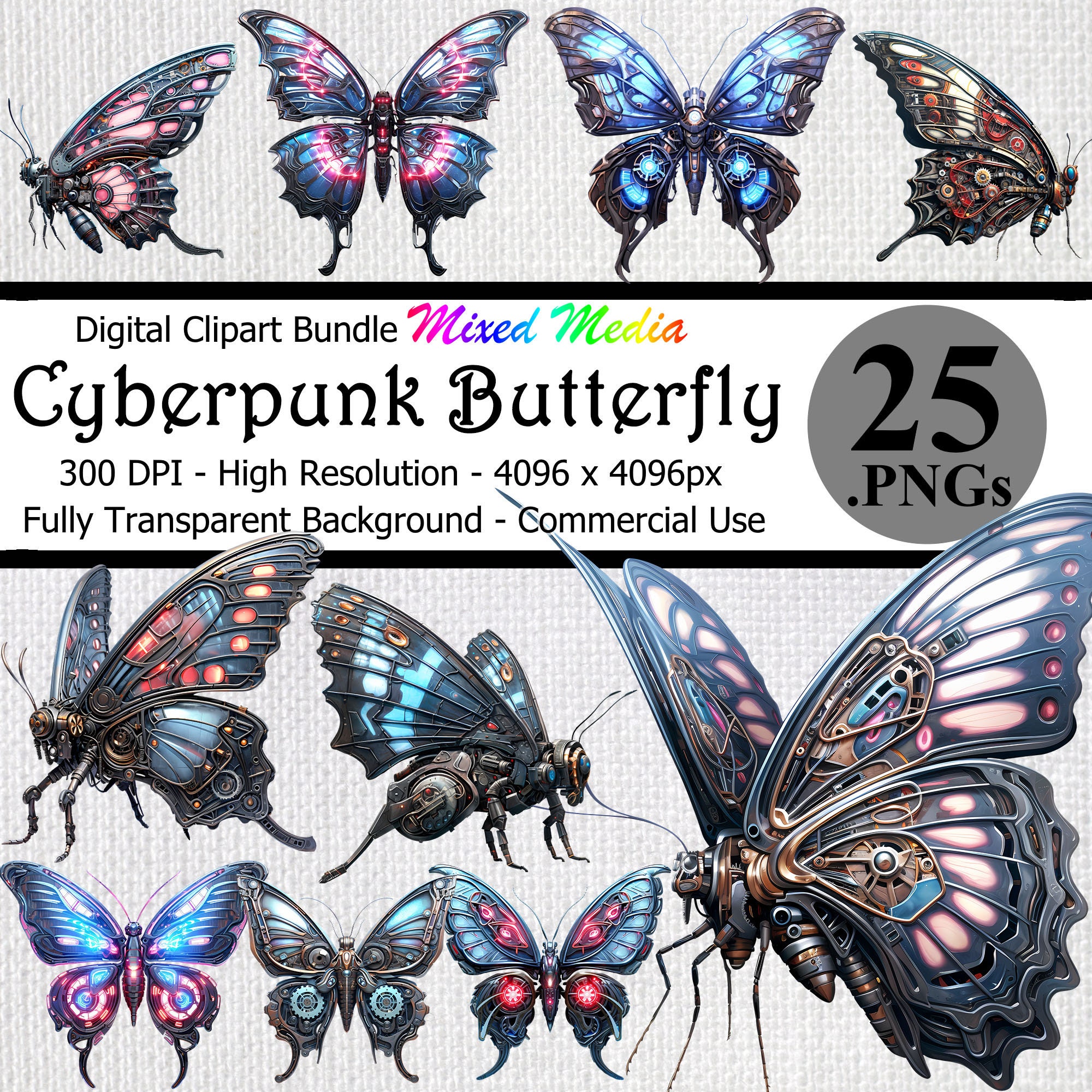 Cyberpunk Butterfly Digital Clipart Instant Download Bundle Transparent ...
