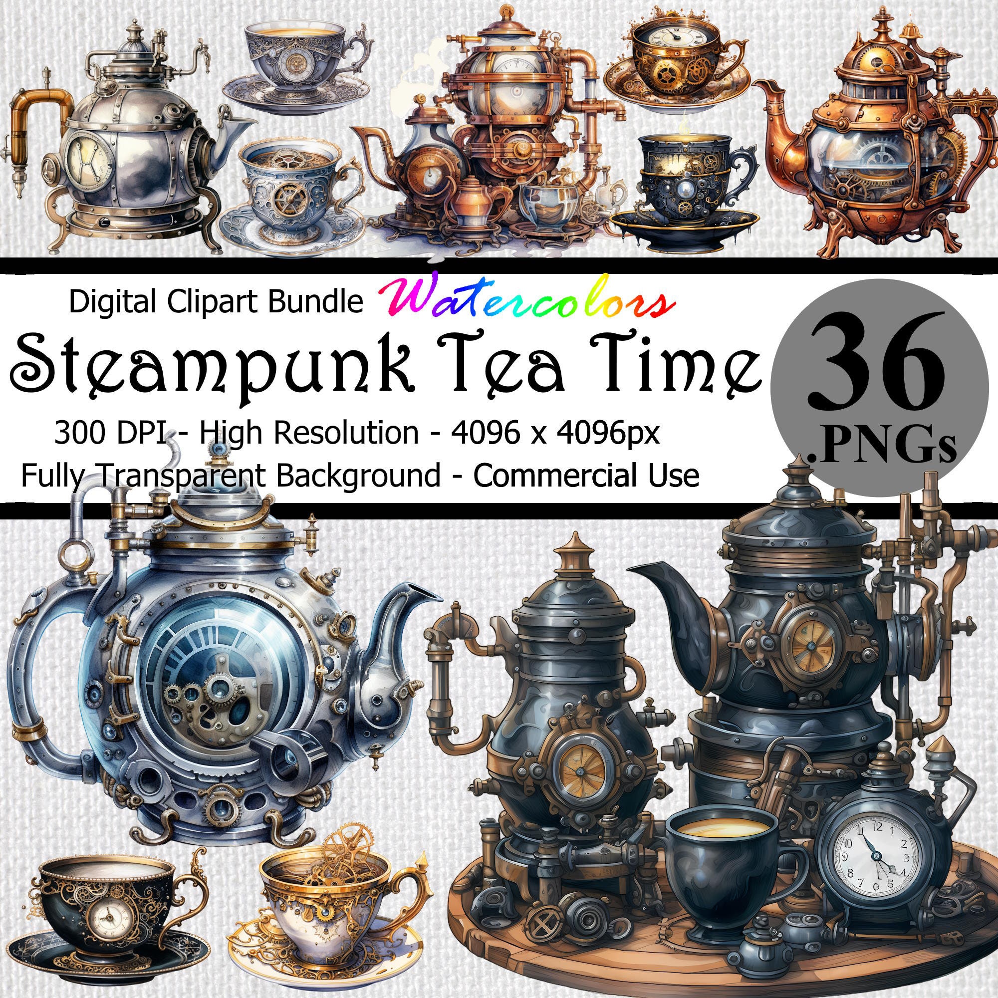 Steampunk Tea Time Watercolor Digital Clipart Downloadable Bundle ...