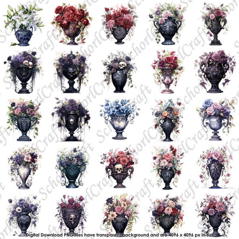 Gothic Flower Vase Watercolor Digital Clipart Bundle Transparent ...