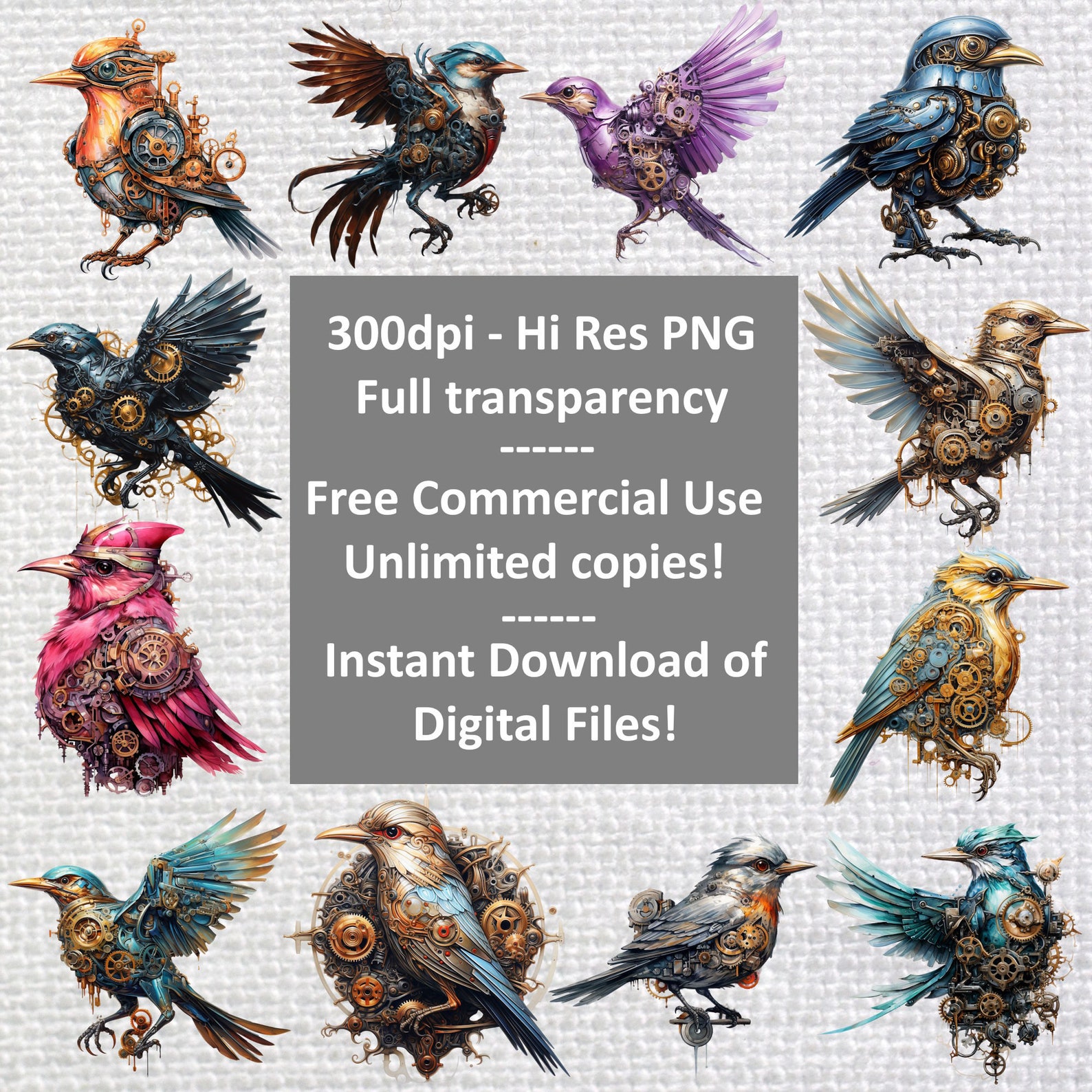 Steampunk Bird Watercolor Digital Clipart Instant Download Bundle ...