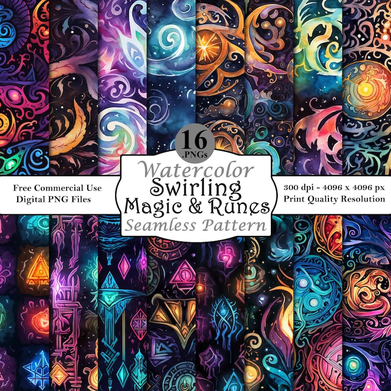 Swirling Magic & Runes Watercolor Seamless Pattern Bundle Digital ...