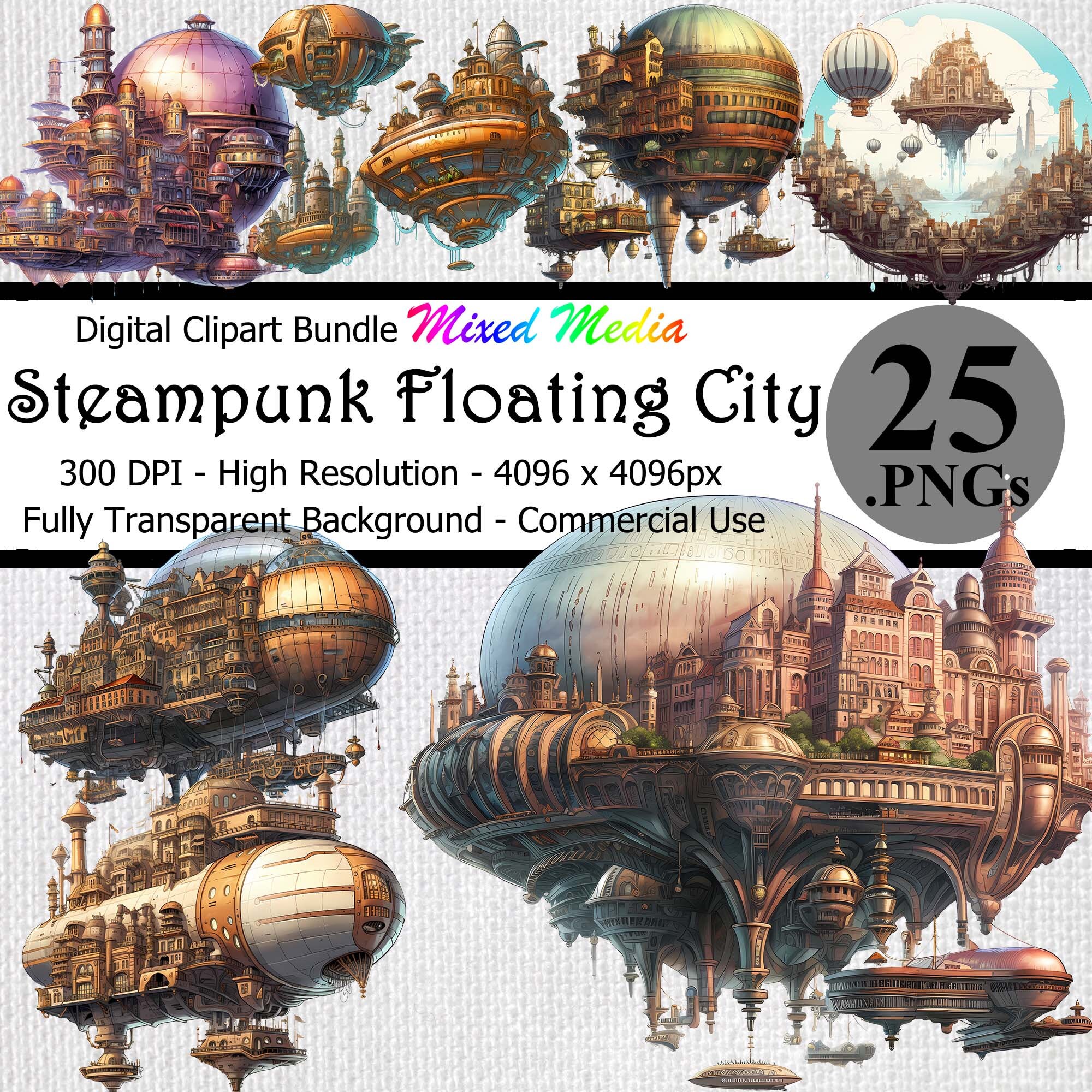 Steampunk Floating City Digital Clipart Instant Download Bundle ...