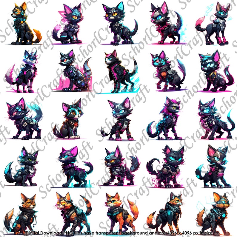 Cyberpunk Cyborg Cat Digital Clipart Instant Download Bundle ...