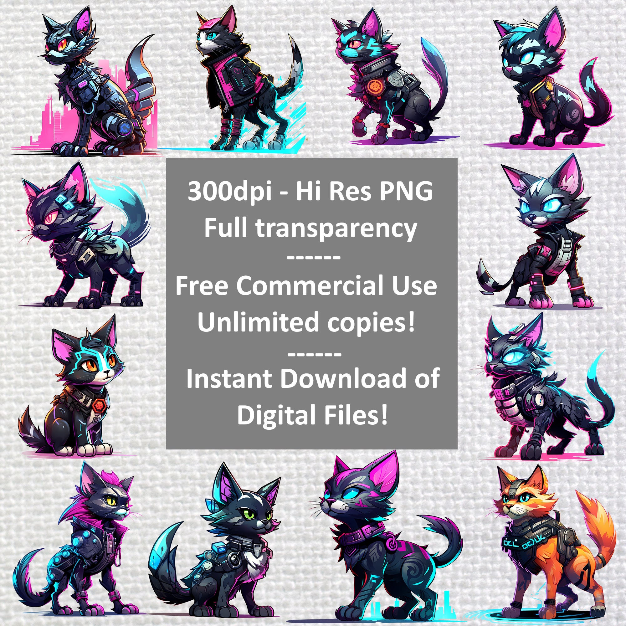 Cyberpunk Cyborg Cat Digital Clipart Instant Download Bundle ...