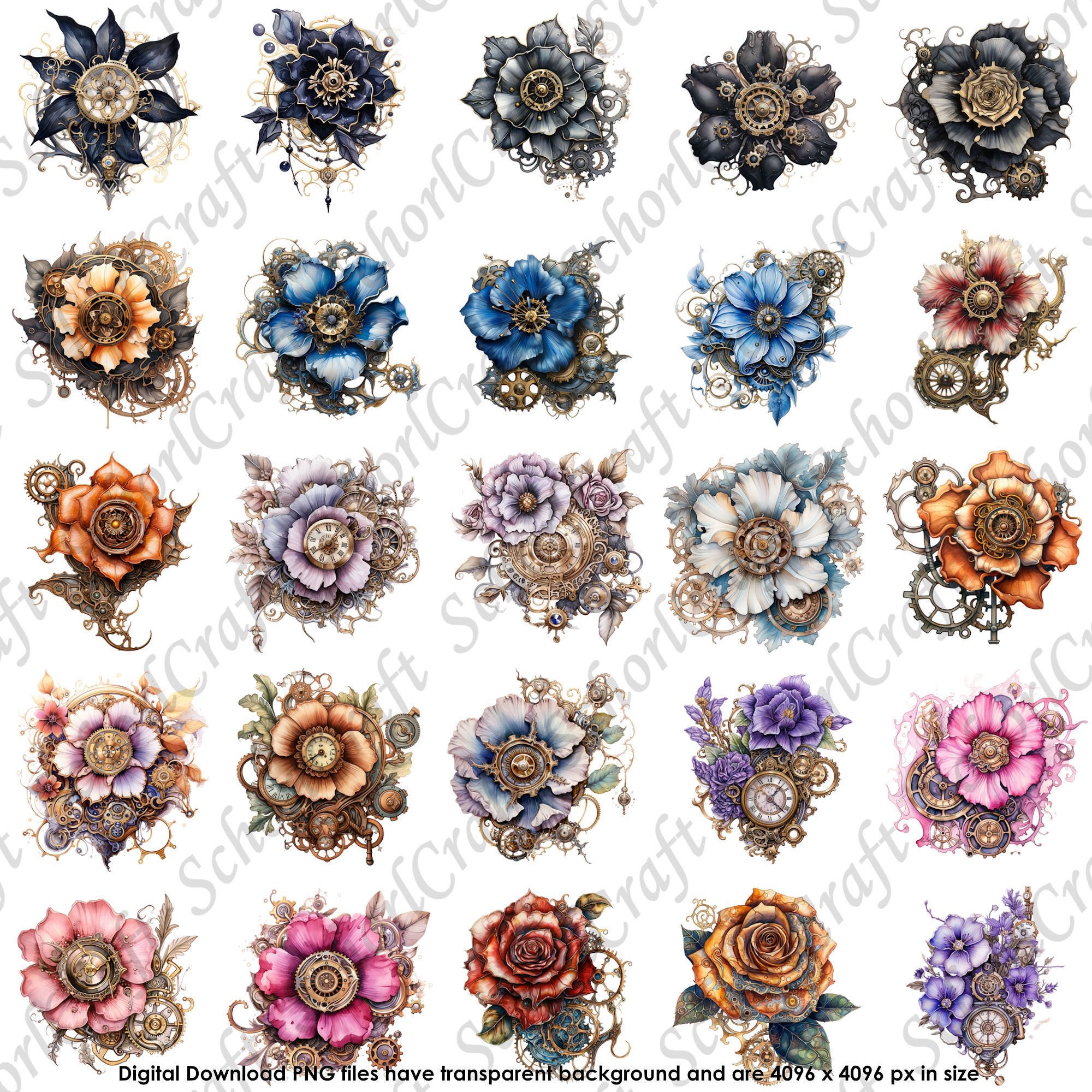 Steampunk Flower Watercolor Digital Clipart Instant Download Bundle ...
