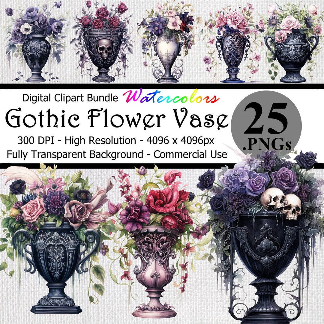 Gothic Flower Vase Watercolor Digital Clipart Bundle Transparent ...