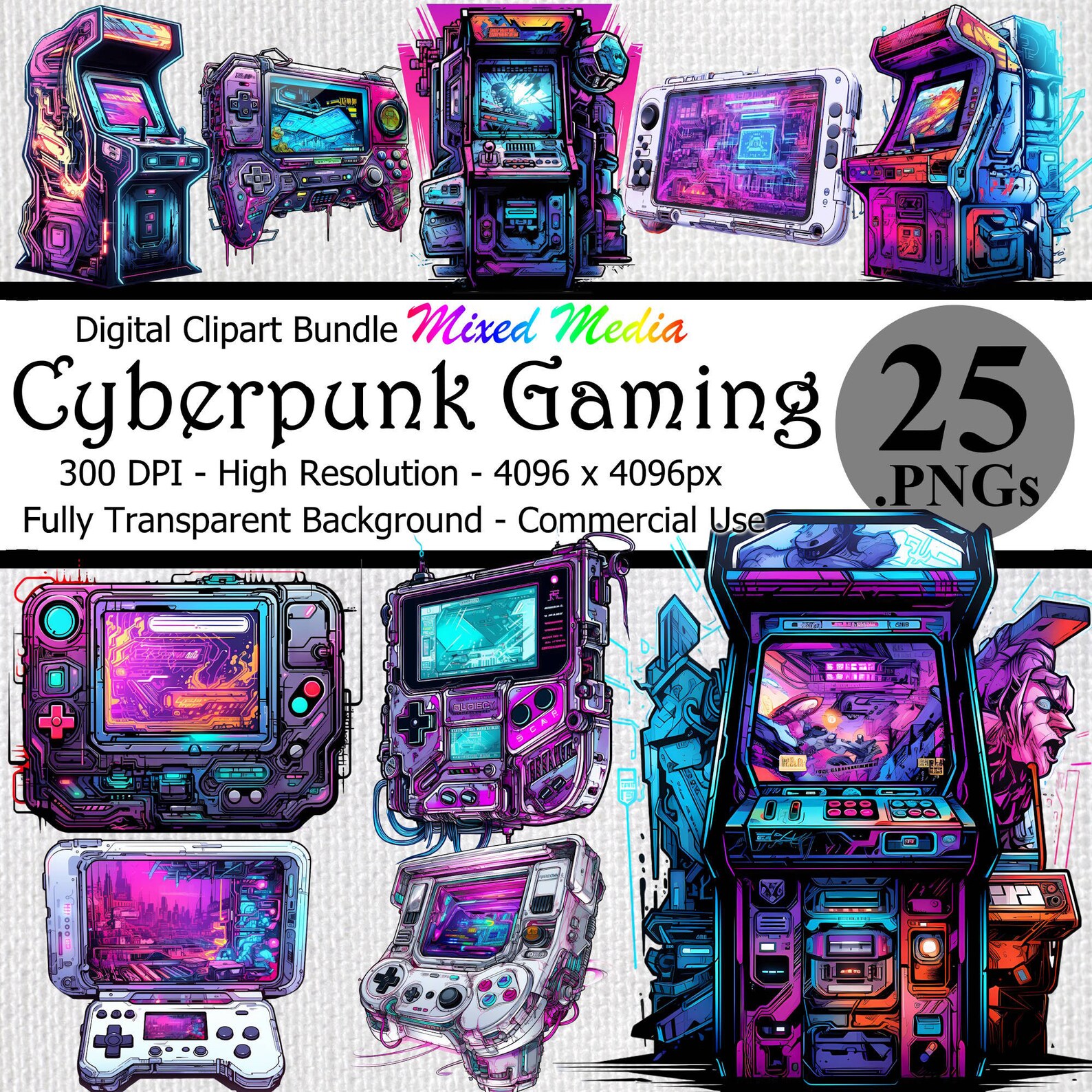 Cyberpunk Gaming Digital Clipart Instant Download Bundle Transparent ...