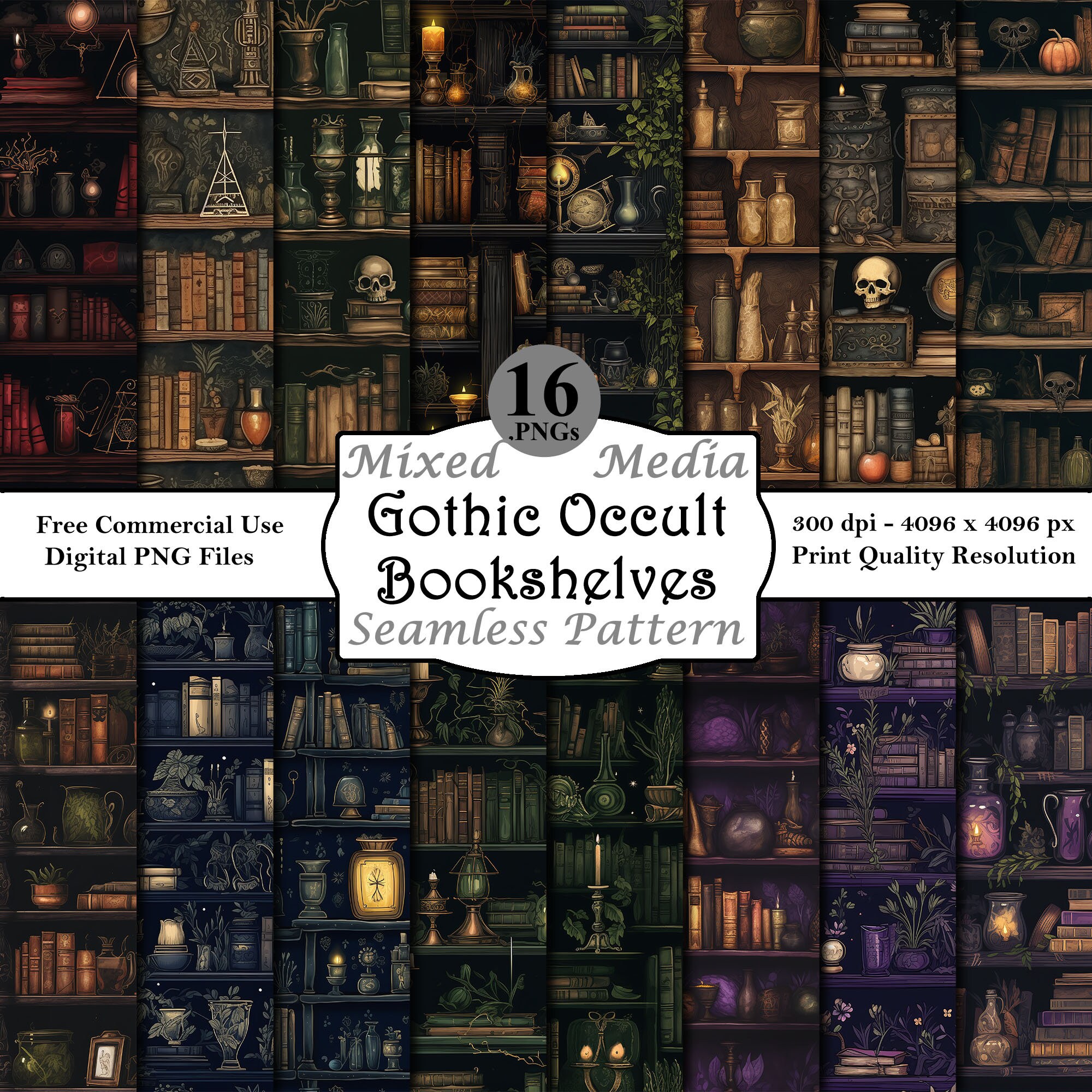 Gothic Occult Bookshelves Seamless Pattern Bundle Digital Papers ...