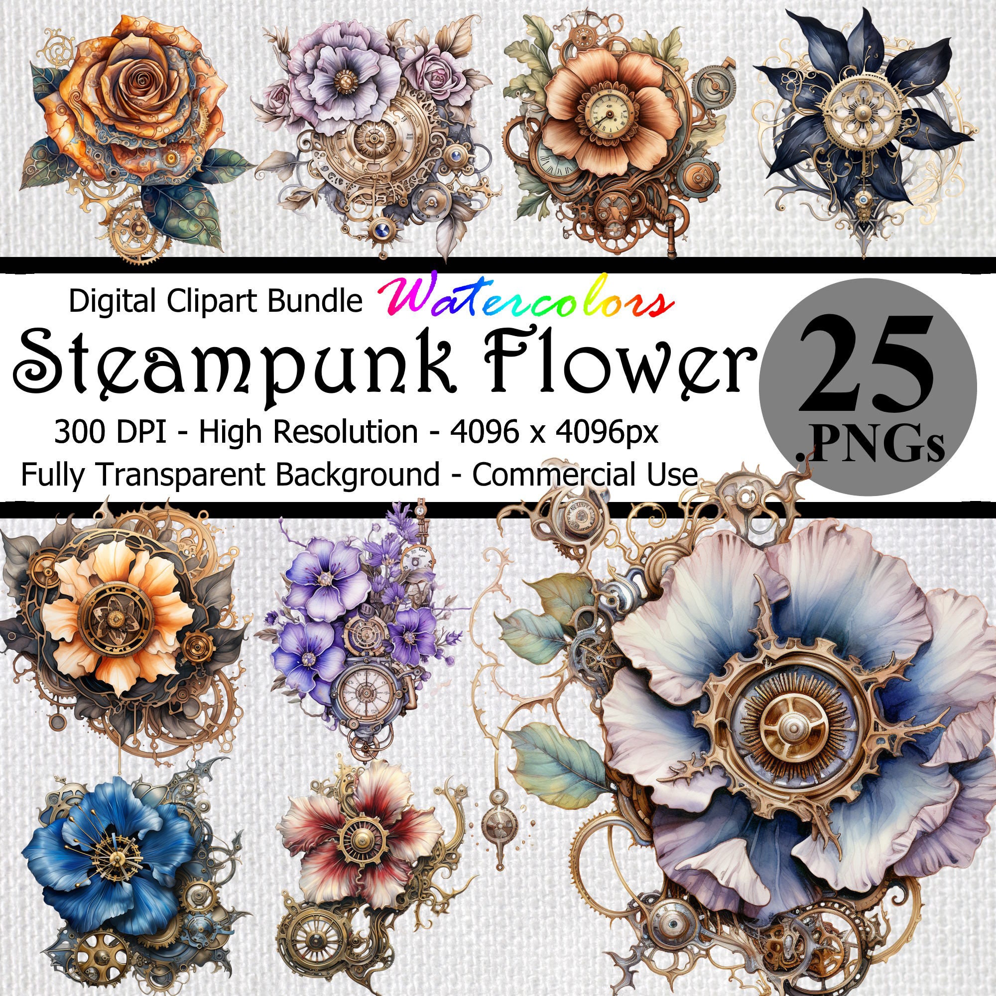 Steampunk Flower Watercolor Digital Clipart Instant Download Bundle ...