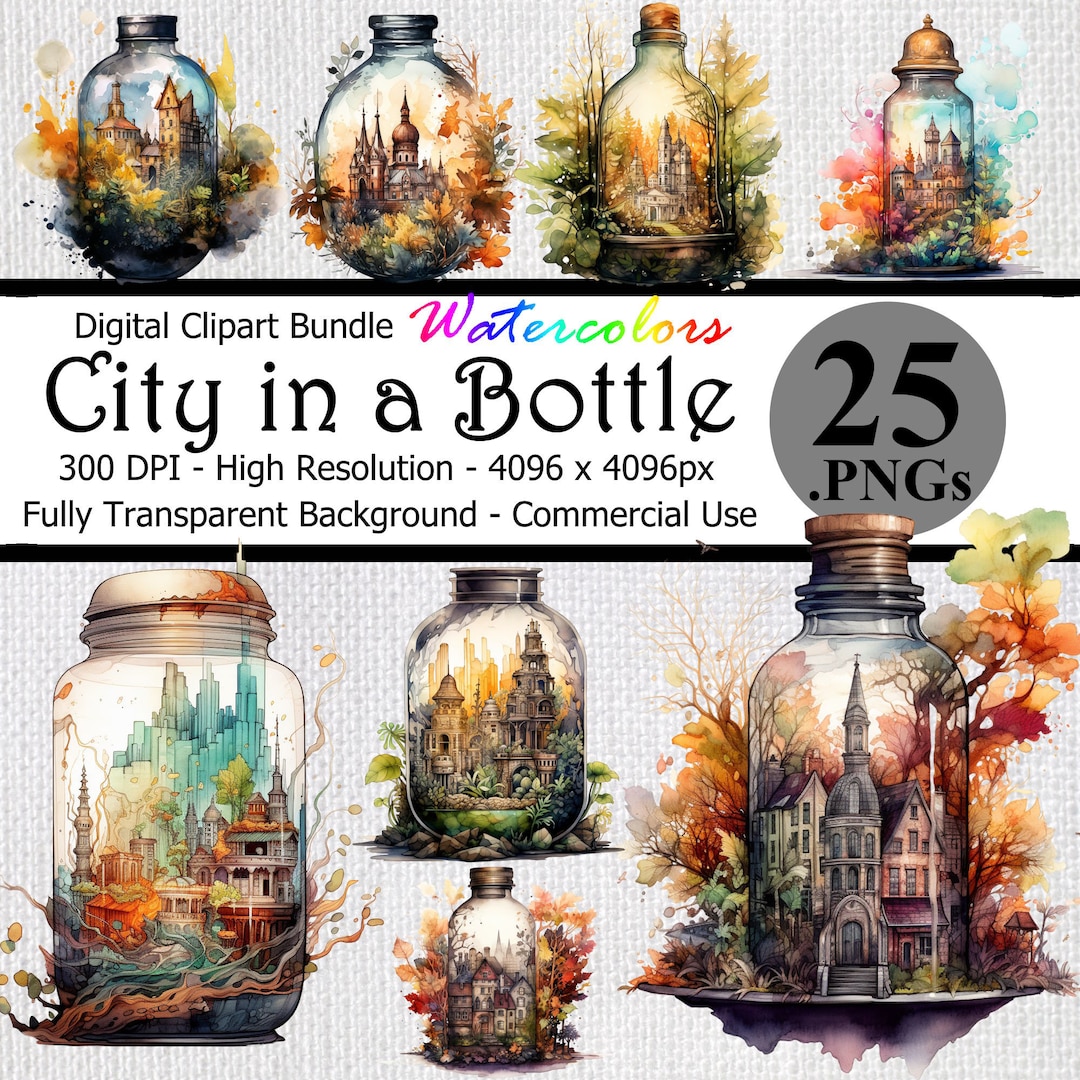 City in a Bottle Watercolor Digital Clipart Instant Download Bundle Transparent Background High ...