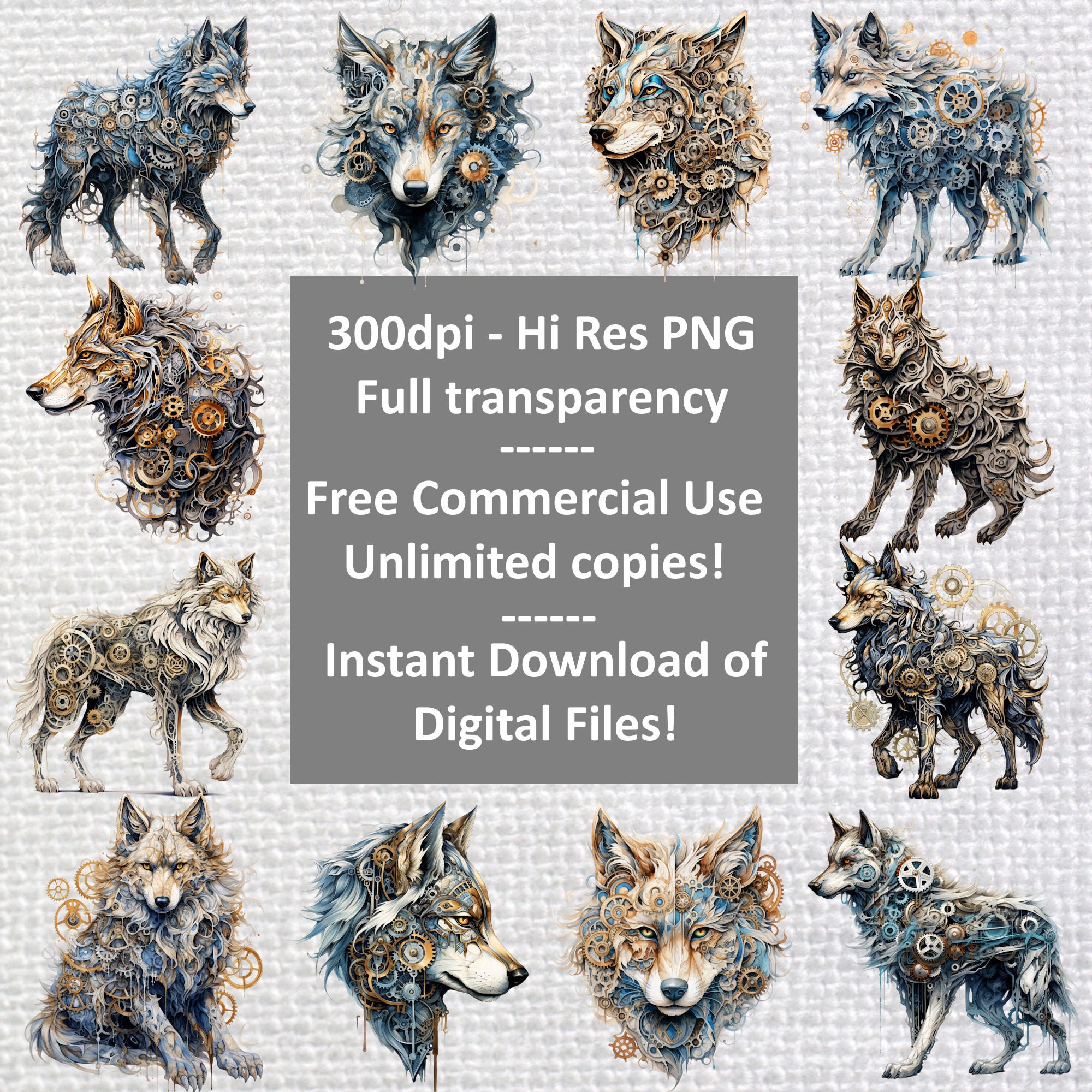 Steampunk Wolf Watercolor Digital Clipart Instant Download Bundle ...