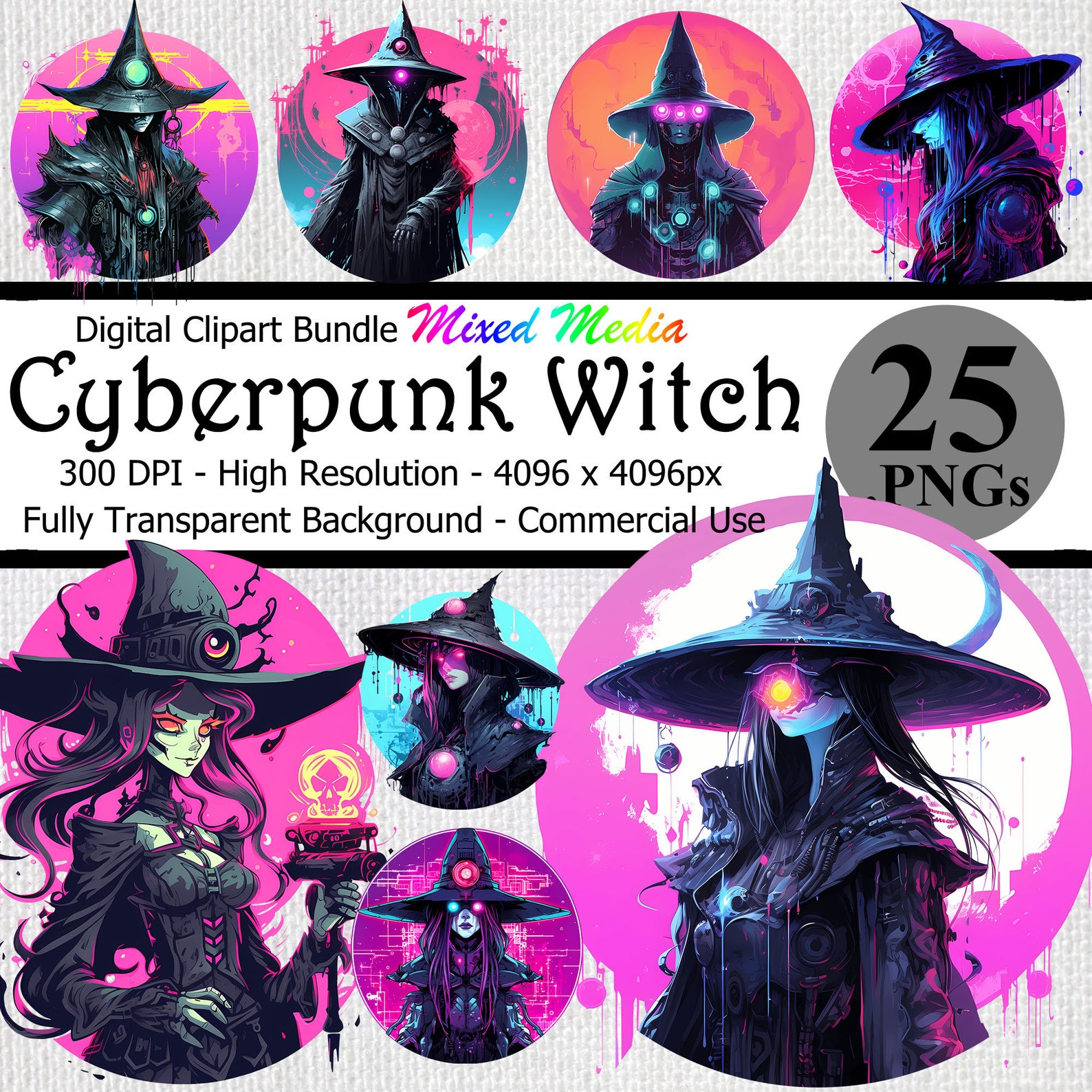 Cyberpunk Witch Digital Clipart Instant Download Bundle Transparent ...