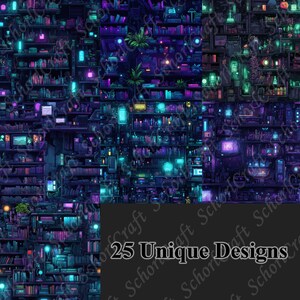 Cyberpunk Bookshelves Seamless Pattern Bundle Digital Papers Printable ...