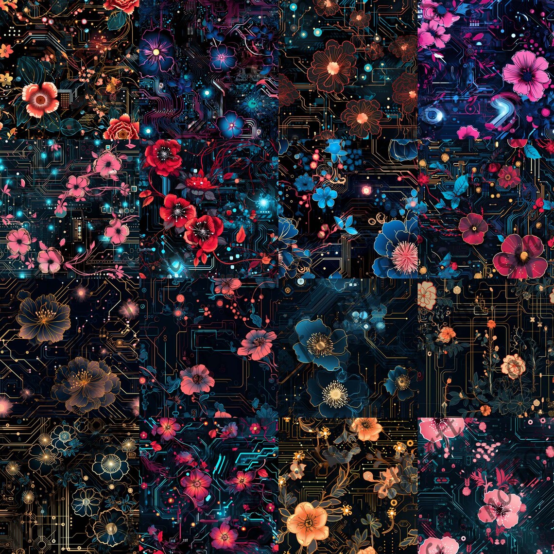 Cyberpunk Flowers and Circuitry Seamless Pattern Bundle Digital Papers ...