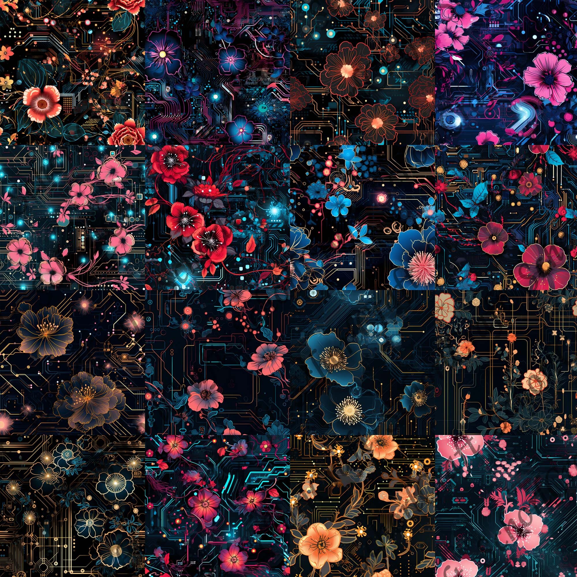 Cyberpunk Flowers and Circuitry Seamless Pattern Bundle Digital Papers ...