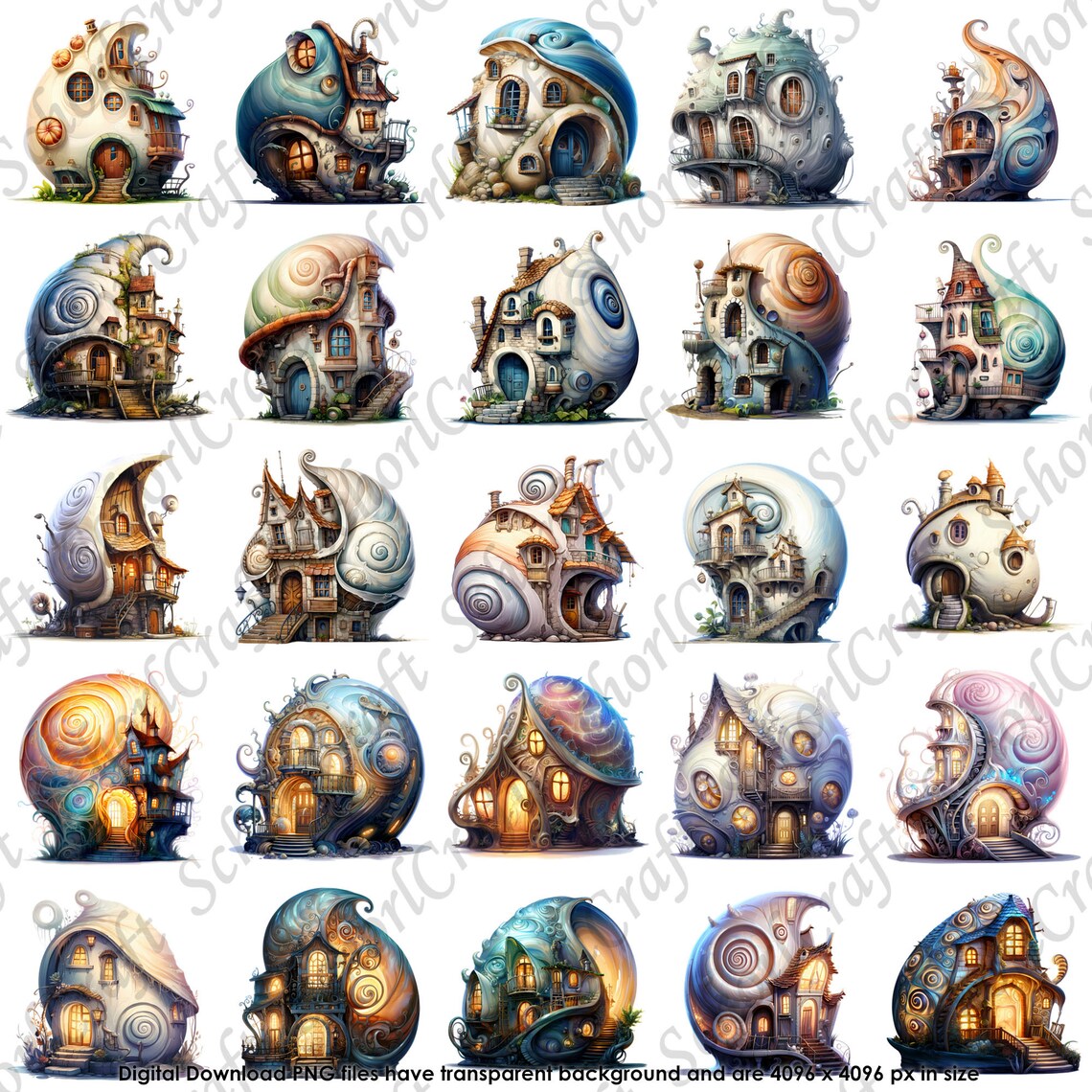 Whimsical Shell House Watercolor Digital Clipart Bundle Transparent ...