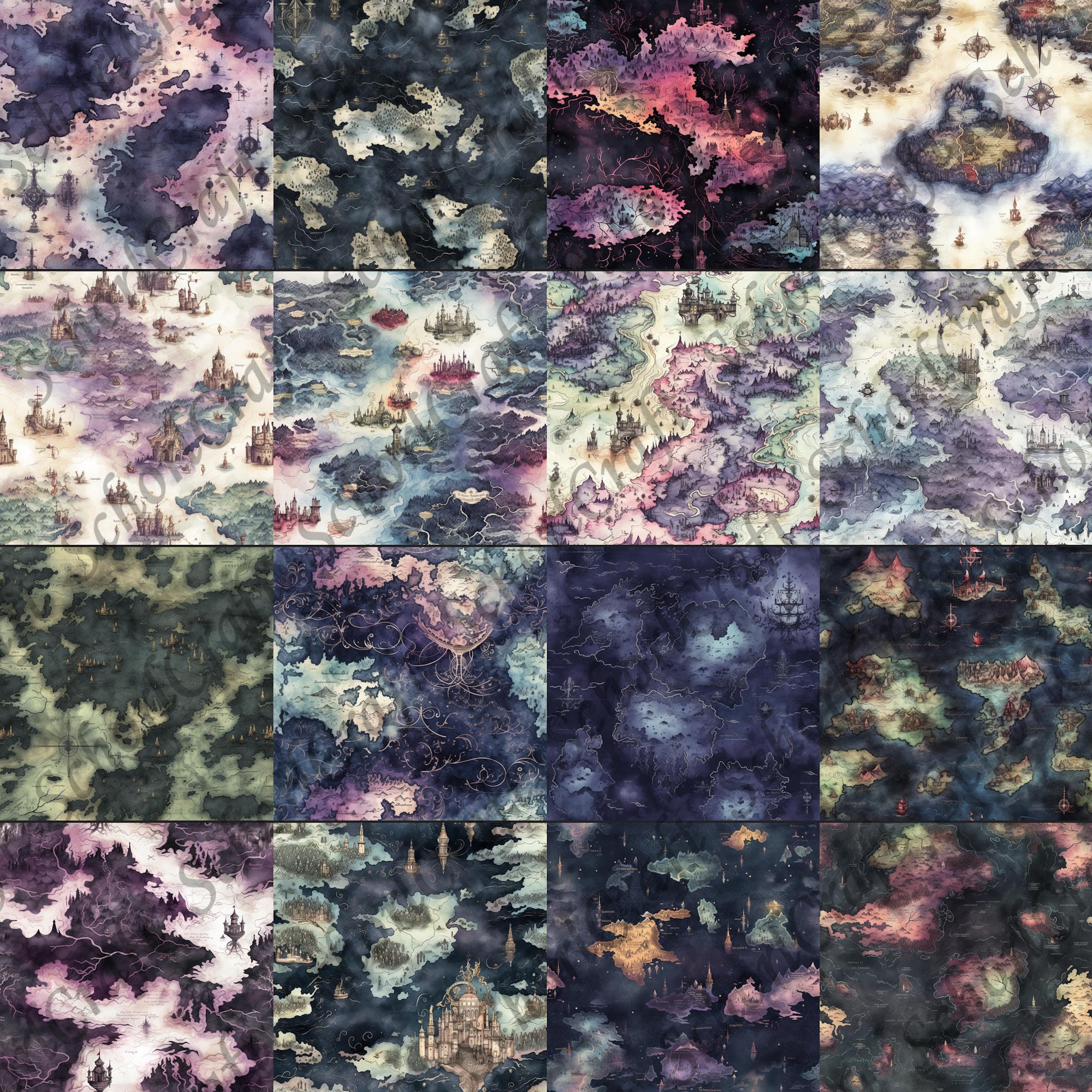 Dark Fantasy Map Watercolor Seamless Pattern Bundle Digital Papers ...